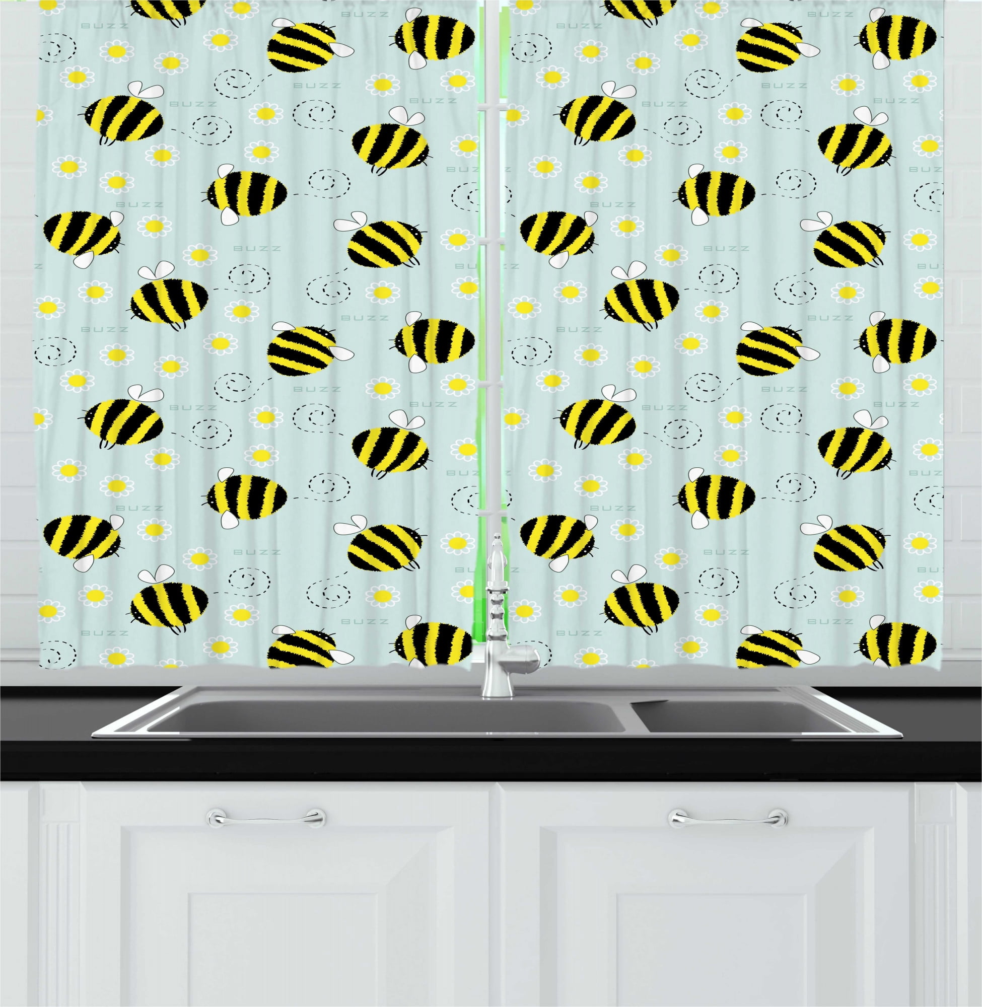 Ambesonne Queen Bee Kitchen Curtains, Hand Drawn Flower Motifs, 55"x45 ...