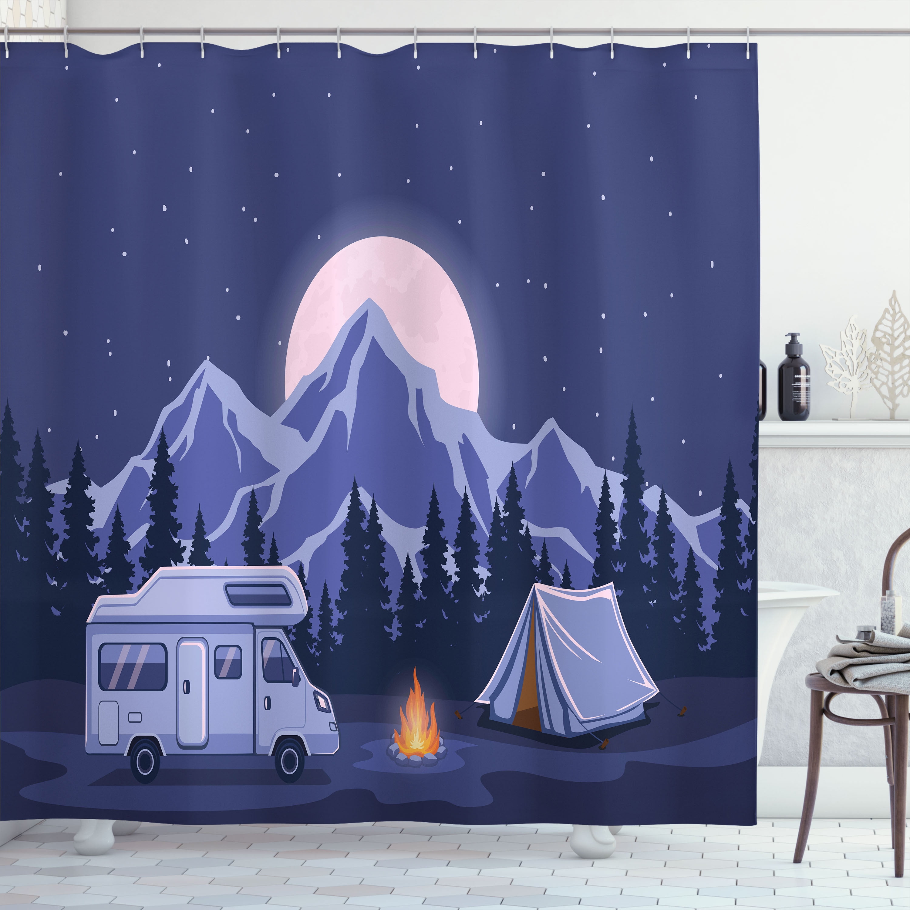 Ambesonne RV Shower Curtain, Family Adventure Camping Forest, 69"Wx70"L ...