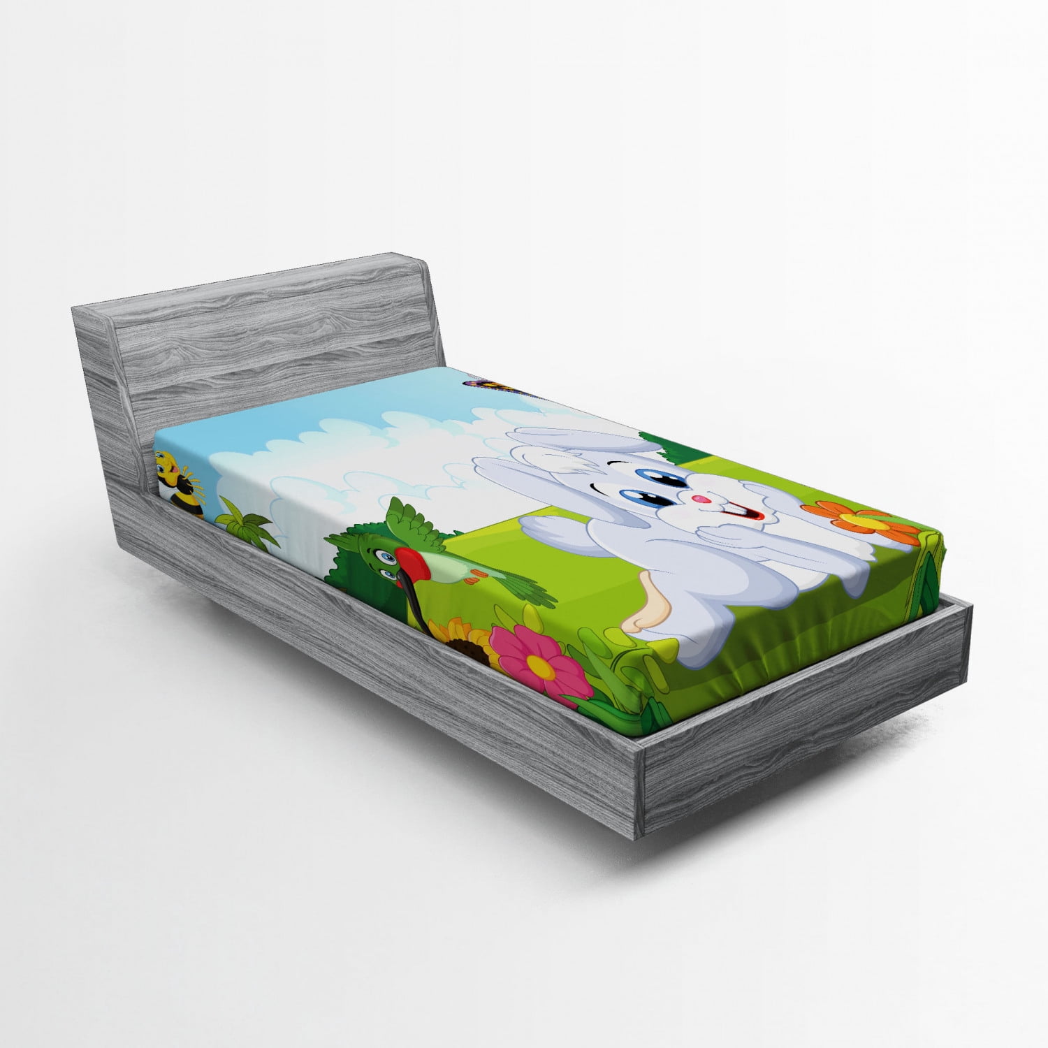 Ambesonne Rabbit Fitted Sheet, Rabbits Grass Bees, Twin Size ...