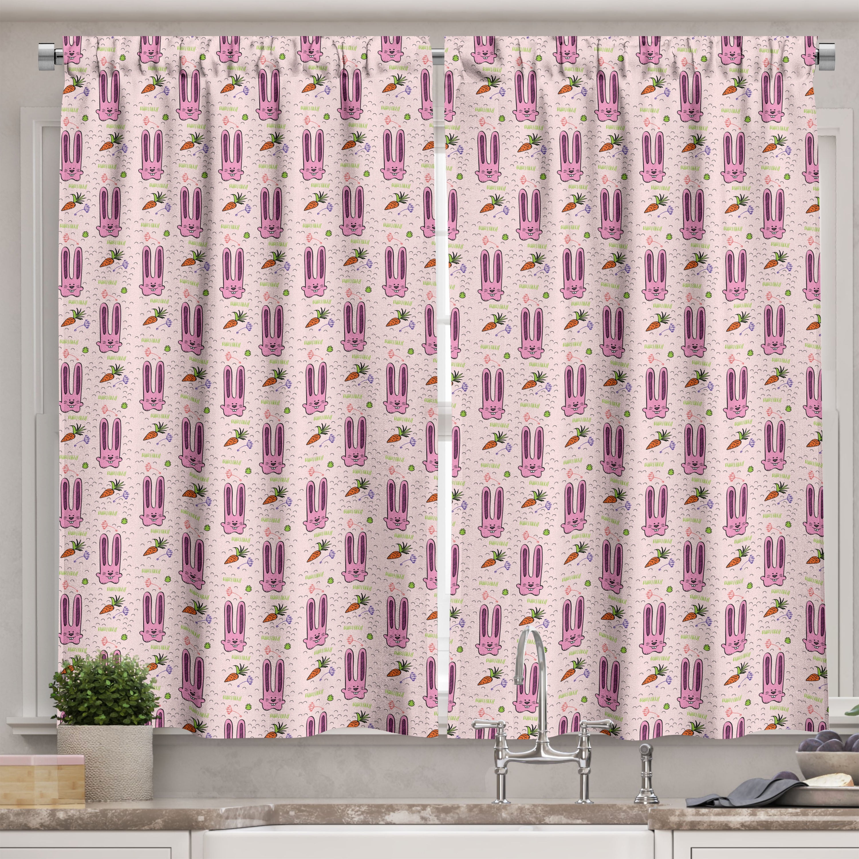 Ambesonne Rabbit Kitchen Curtains, Cartoon Bunny Characters, 55"x36 ...