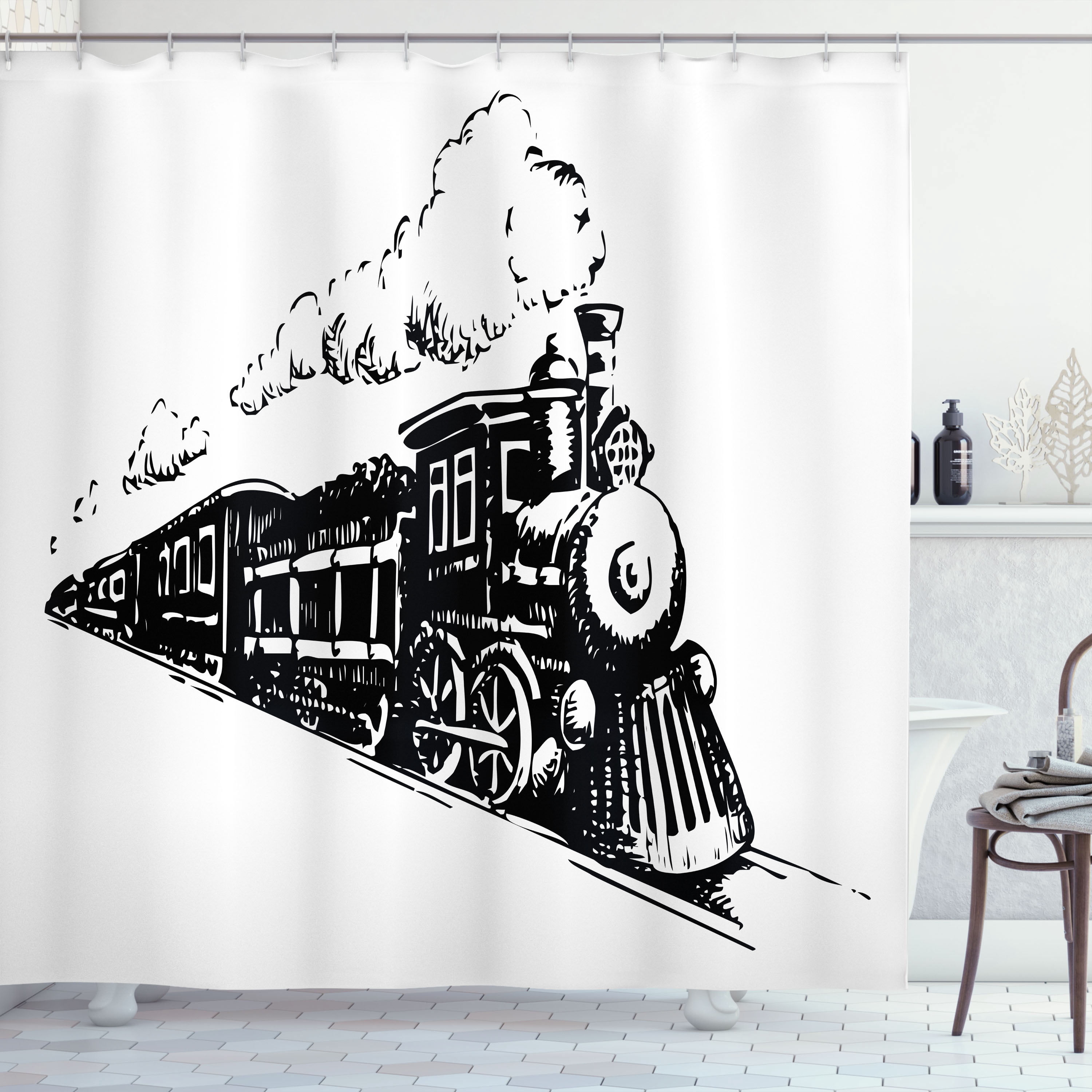 Ambesonne Railroad Shower Curtain, Retro Steam Locomotive, 69"Wx75"L ...