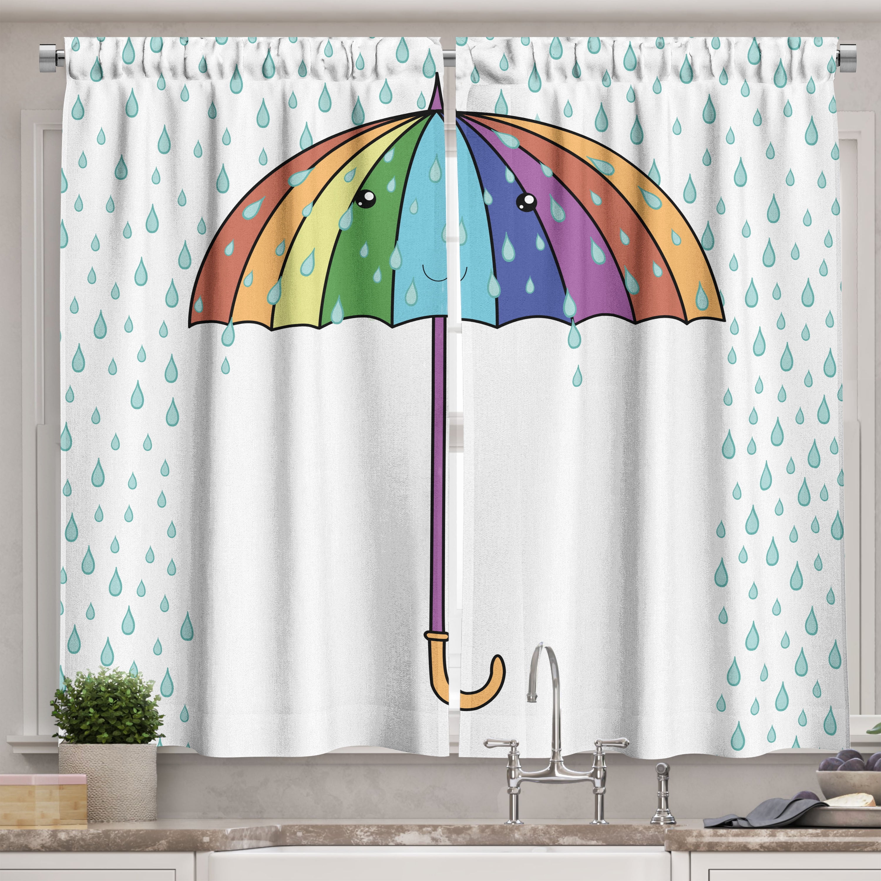 Ambesonne Rain Kitchen Curtains, Cartoon Umbrella Rainfall, 55"x39 ...