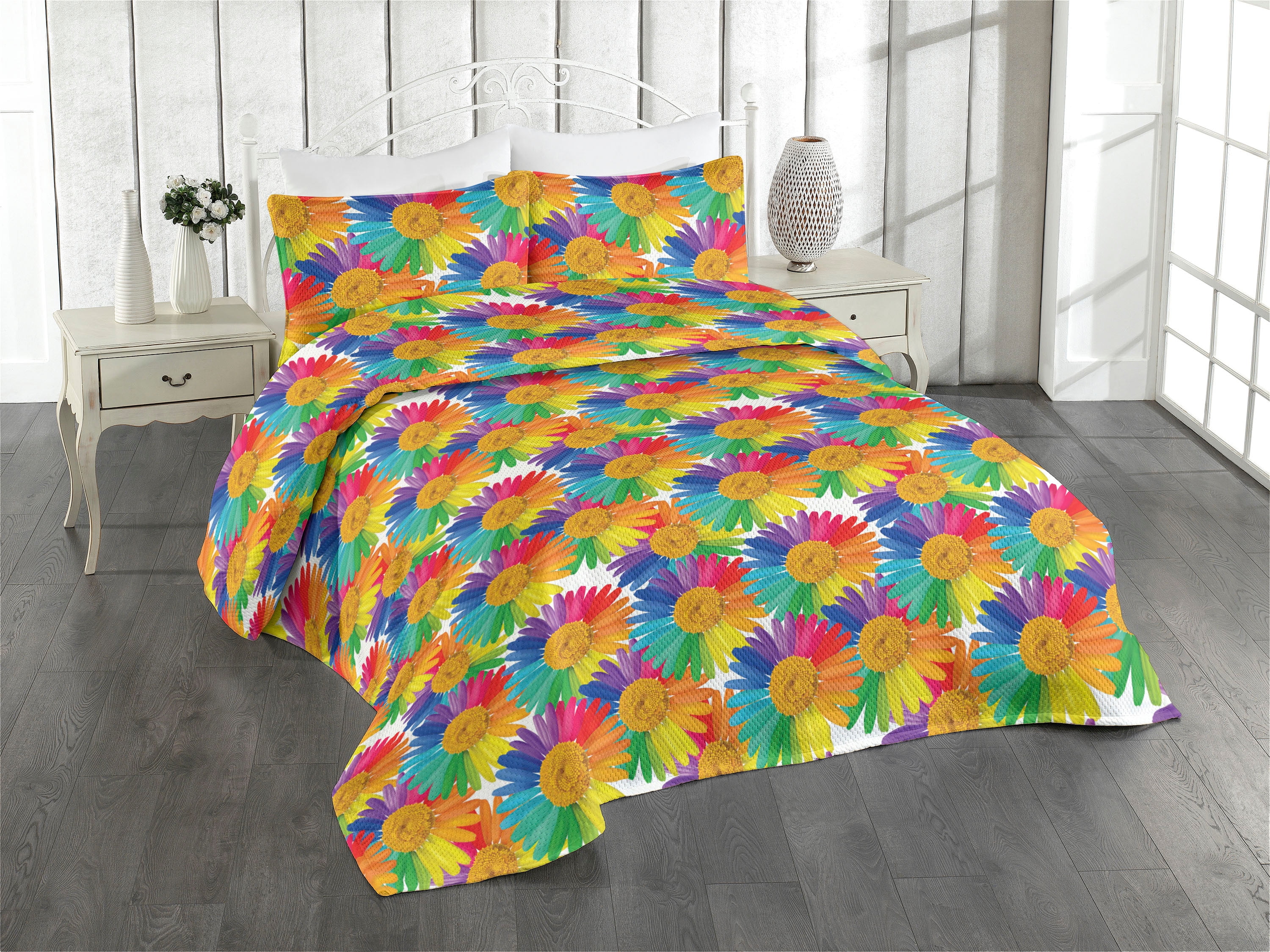 Ambesonne Rainbow Flowers Quilted Bedspread Set 3 Pcs, Colorful Gerbera ...
