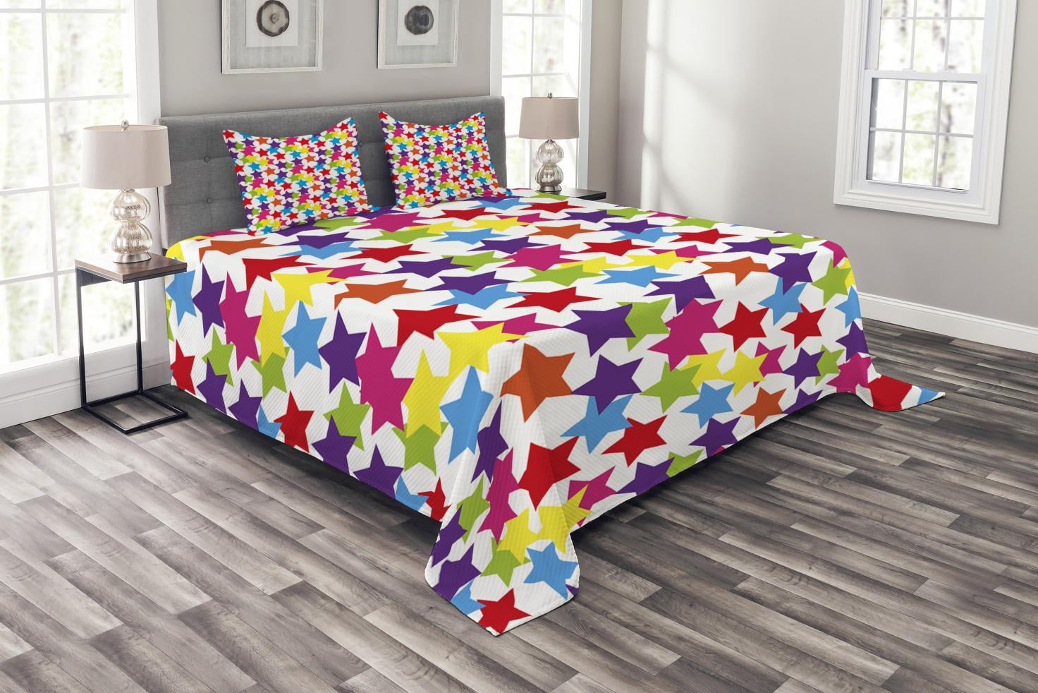 Ambesonne Rainbow Quilted Bedspread Set 3 Pcs, Funky Stars Room, Queen ...