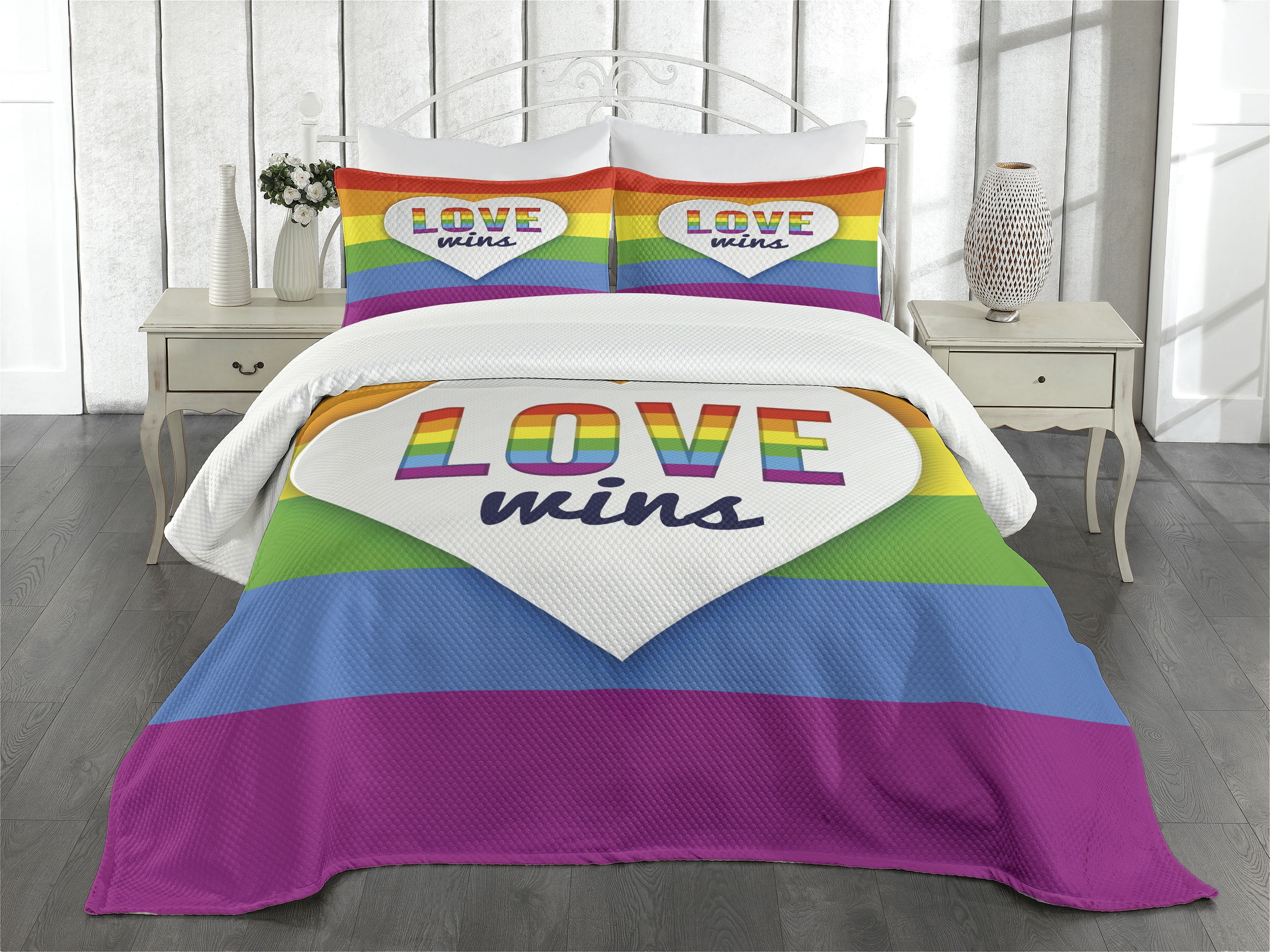 Ambesonne Rainbow Quilted Bedspread Set 3 Pcs Lgbt Pride Love Wins