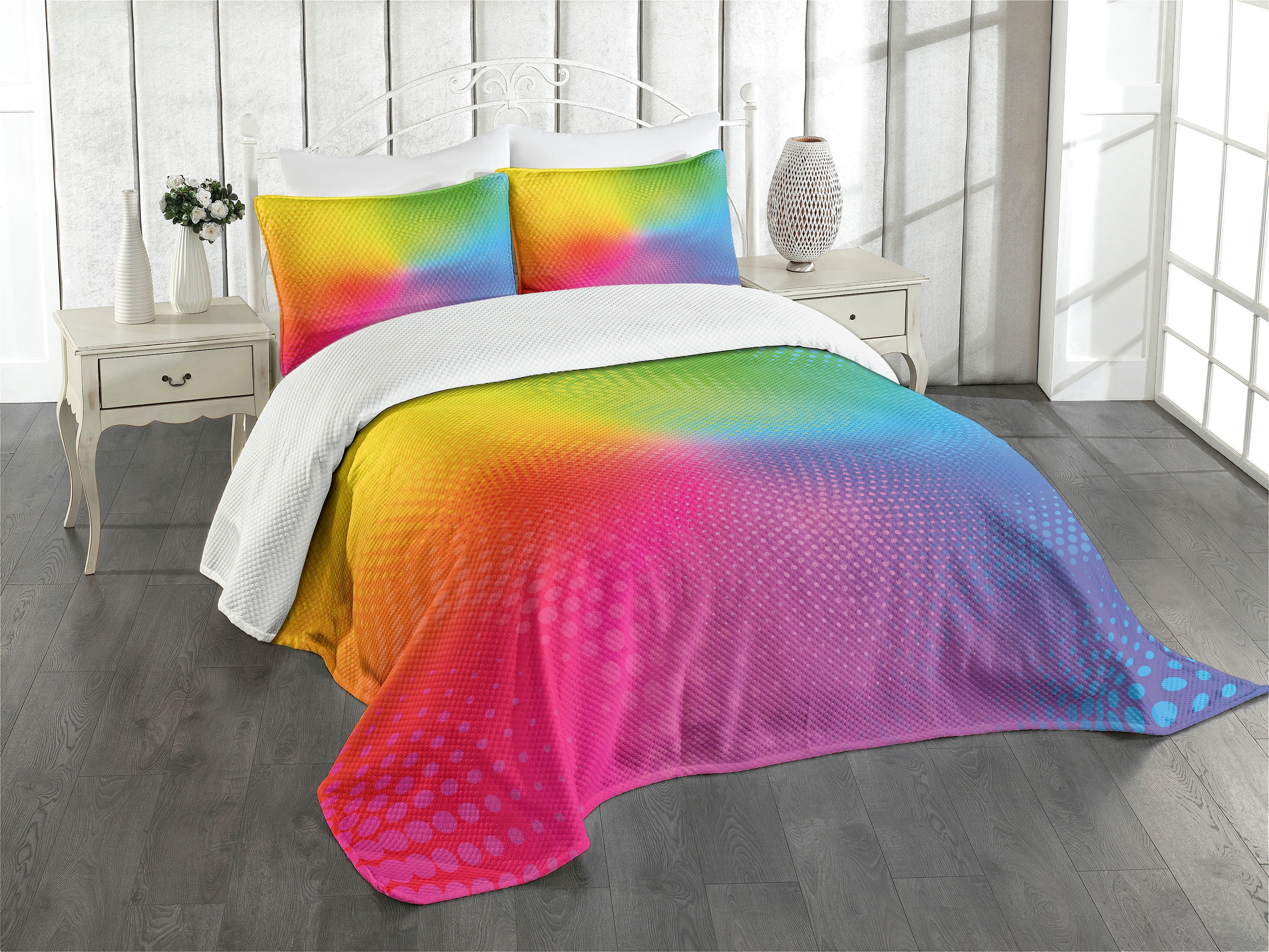 Ambesonne Rainbow Quilted Bedspread Set 3 Pcs, Vibrant Radiant Colors ...