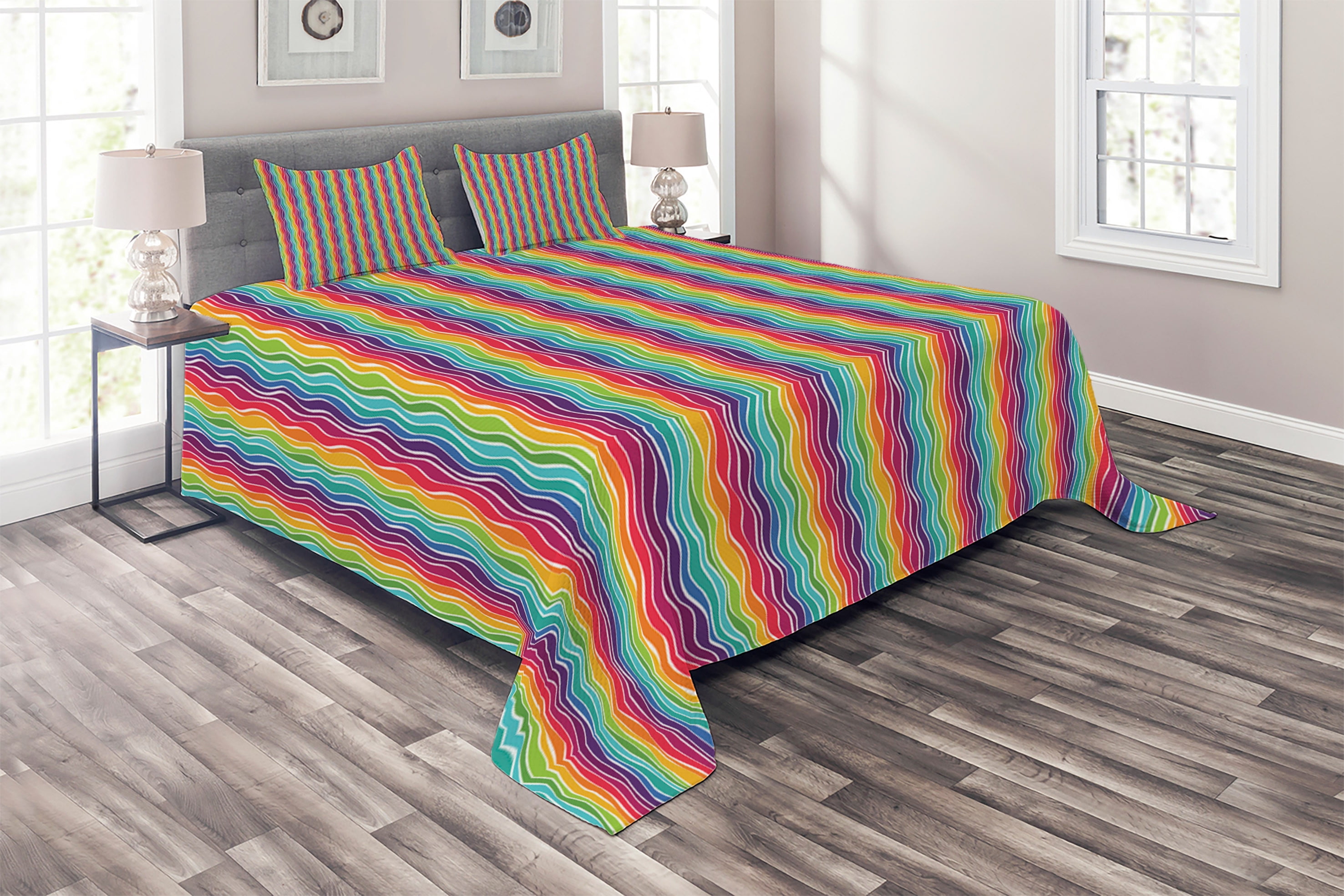 Ambesonne Rainbow Quilted Coverlet 3 Pcs, Swirls Vertical Waves Art ...