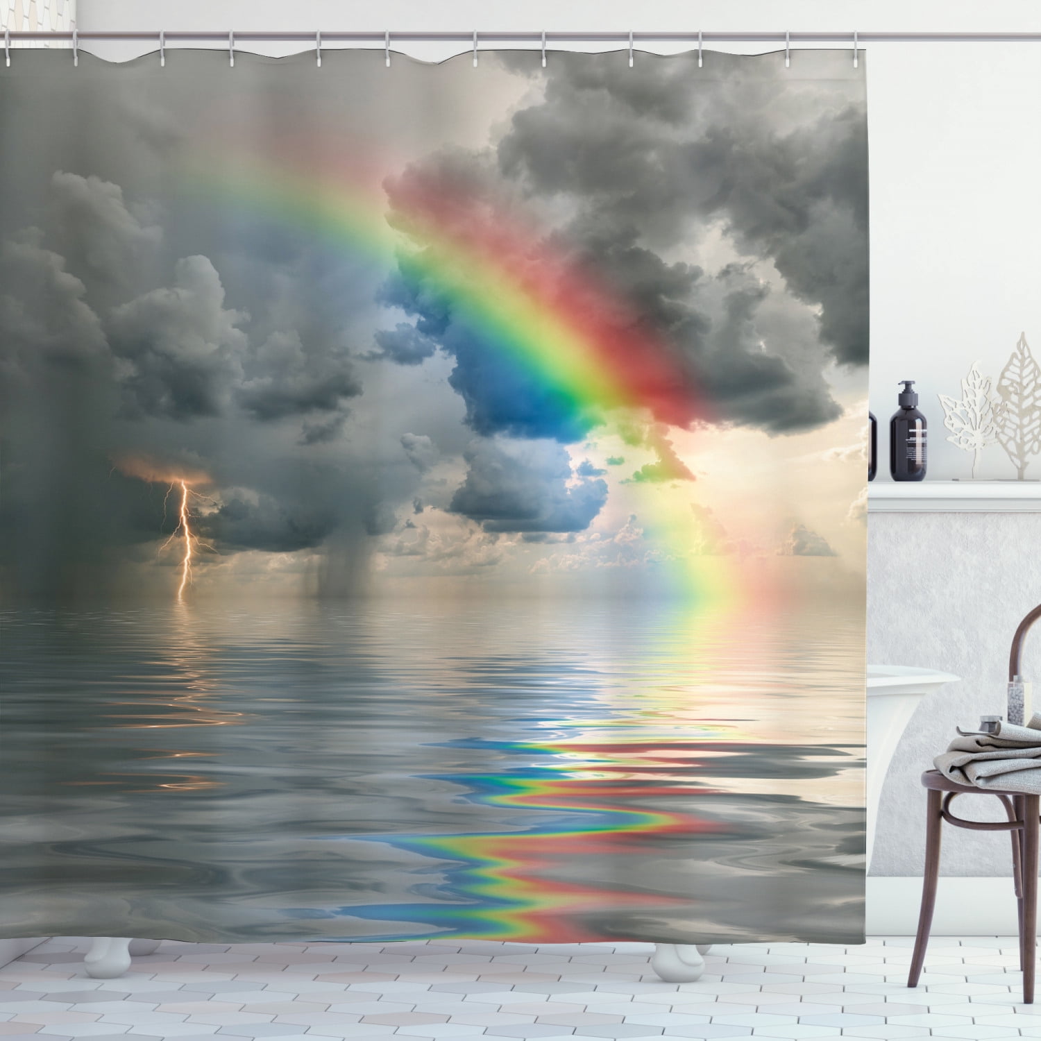 Ambesonne Rainbow Shower Curtain, Rainbow Stormy Sky on Sea, 69"Wx70"L ...