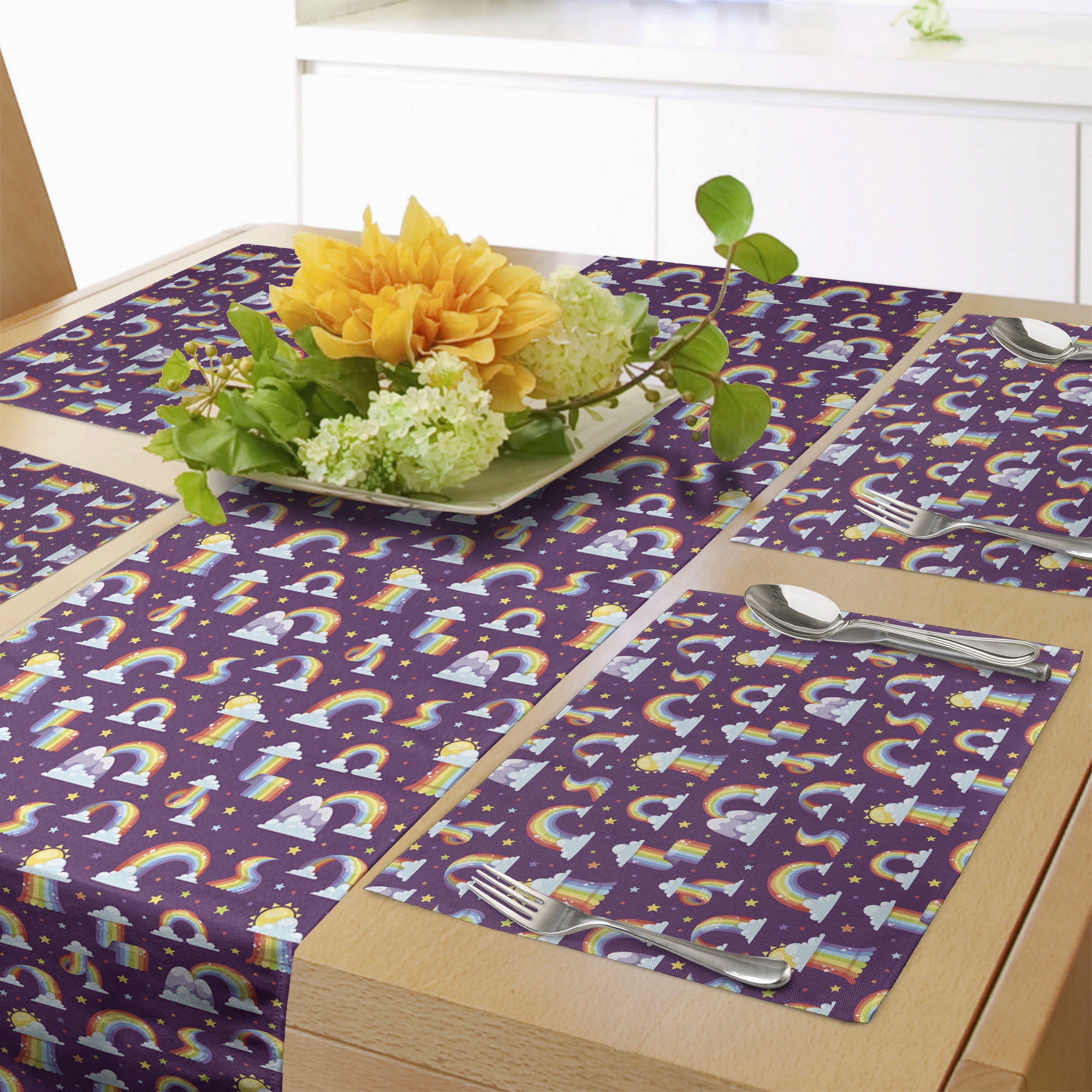 Ambesonne Rainbow Table Runner & Placemats, Cartoon Clouds Stars Sun ...
