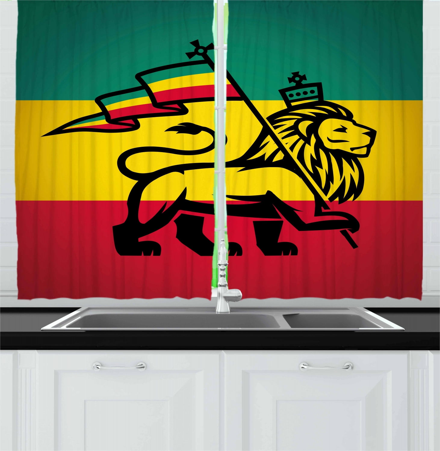 Ambesonne Rasta Kitchen Curtains, Cultural Lion Rastafari Flag, 55"x39 ...