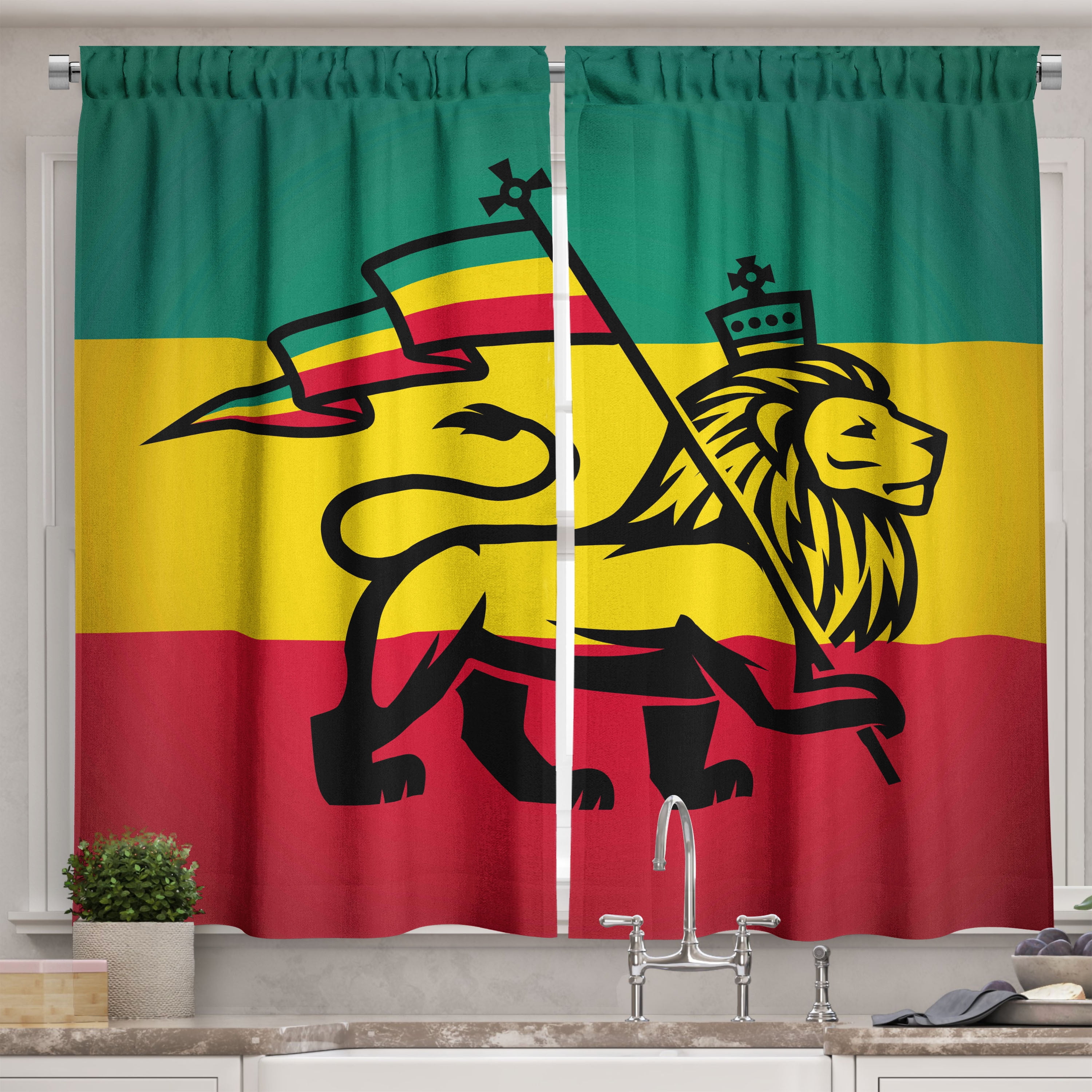 Ambesonne Rasta Kitchen Curtains, Cultural Lion Rastafari Flag, 55"x45 ...