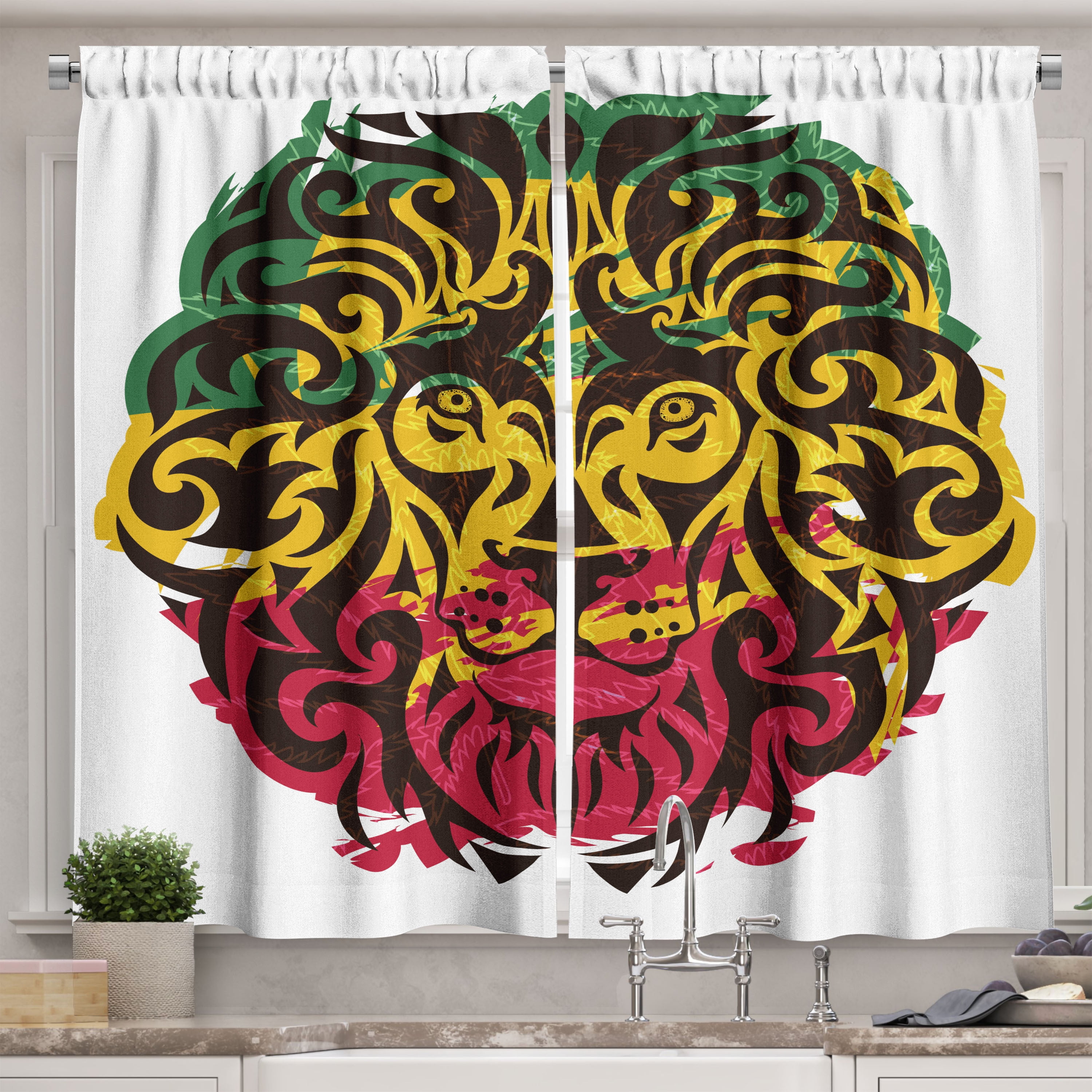 Ambesonne Rasta Kitchen Curtains, Ethiopian Wild Lion Head, 55"x39 ...