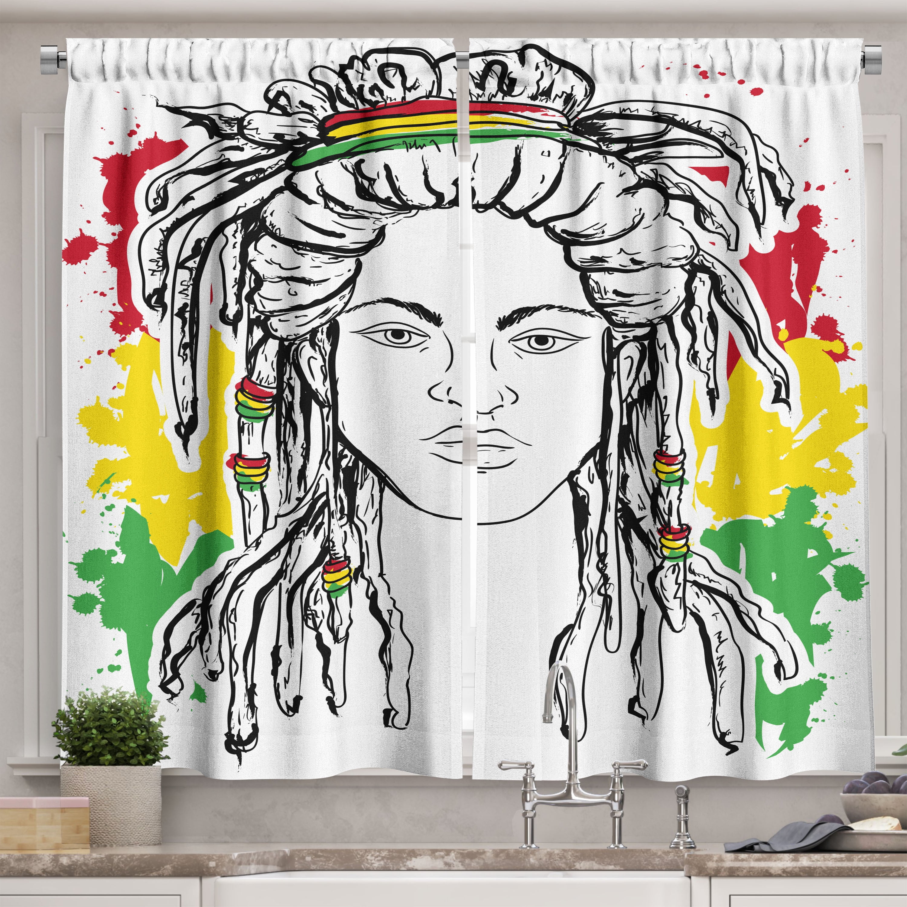 Ambesonne Rasta Kitchen Curtains, Grunge Flag Colors Reggae, 55"x39 ...