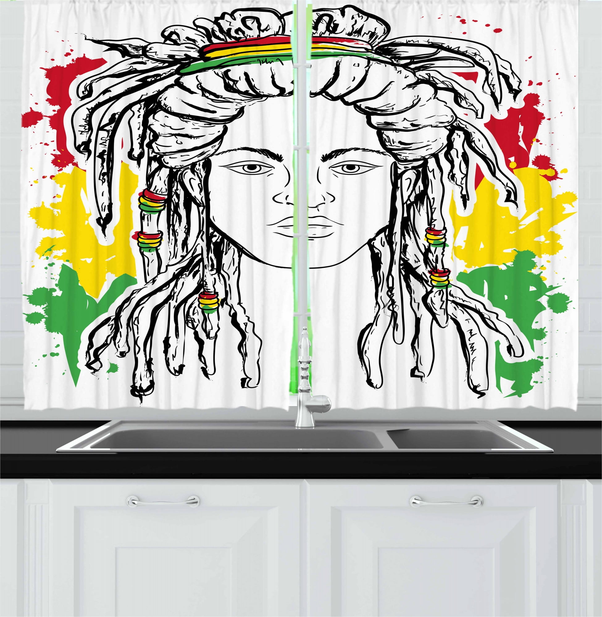Ambesonne Rasta Kitchen Curtains, Grunge Flag Colors Reggae, 55"x45 ...