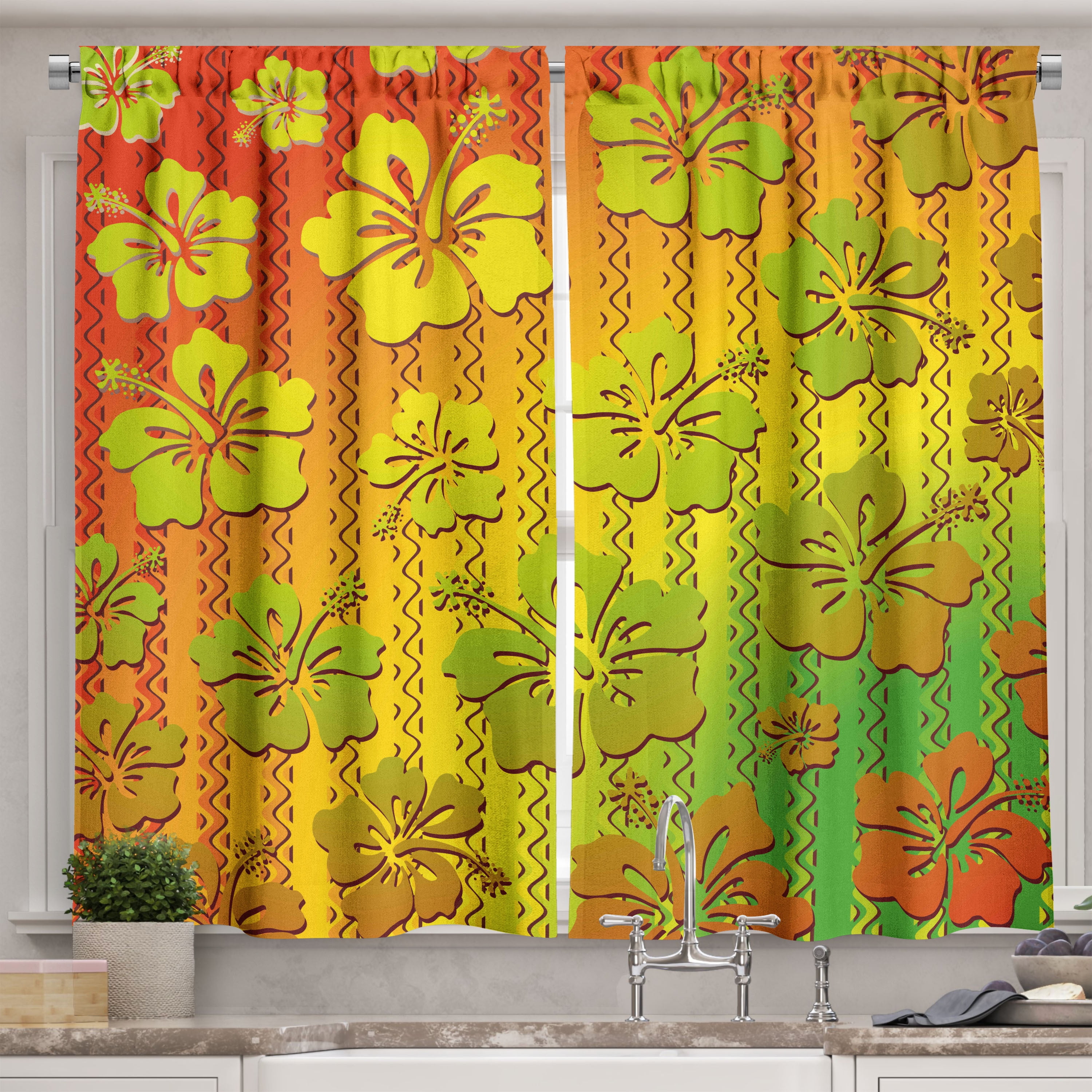 Ambesonne Rasta Kitchen Curtains, Jamaican Island Flower, 55"x39", Pale ...