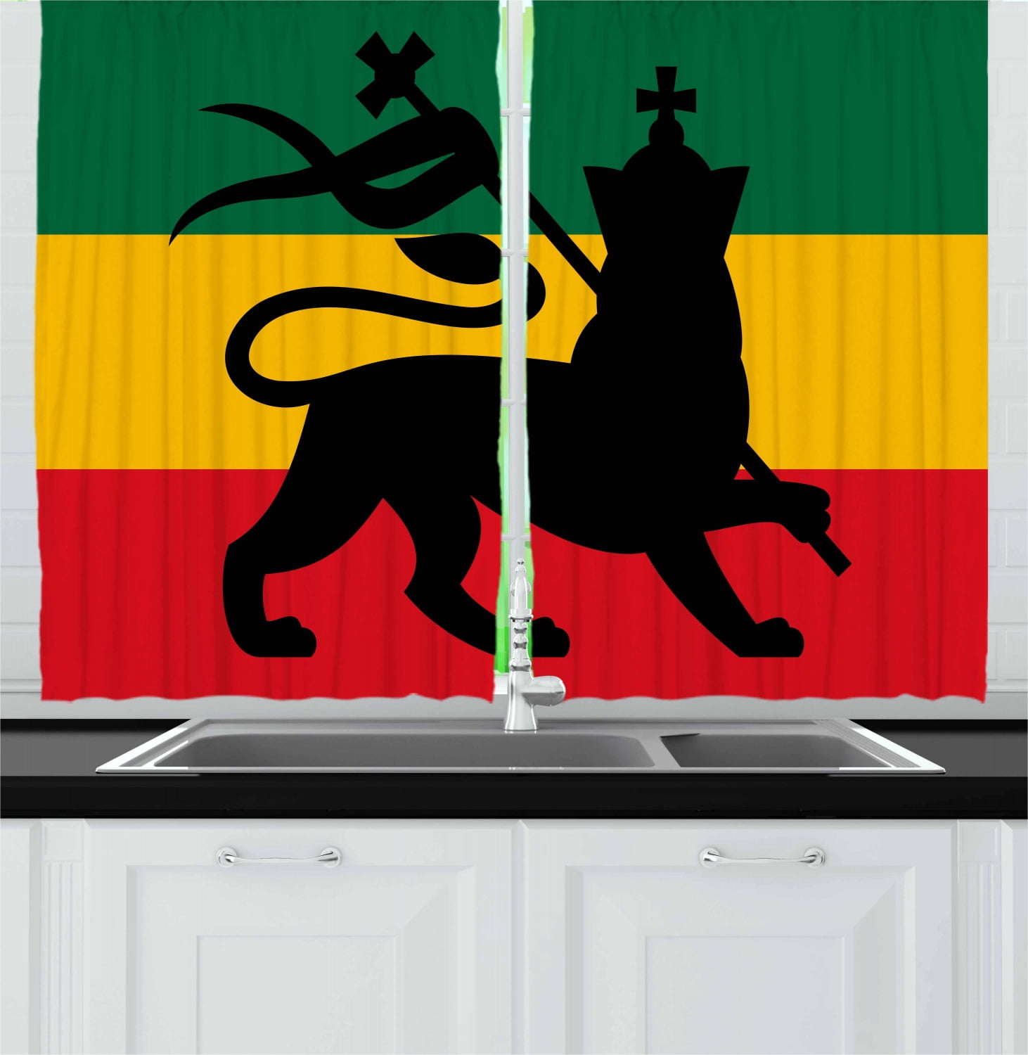 Ambesonne Rasta Kitchen Curtains, Lion Reggae Striped Flag Art, 55"x39 ...