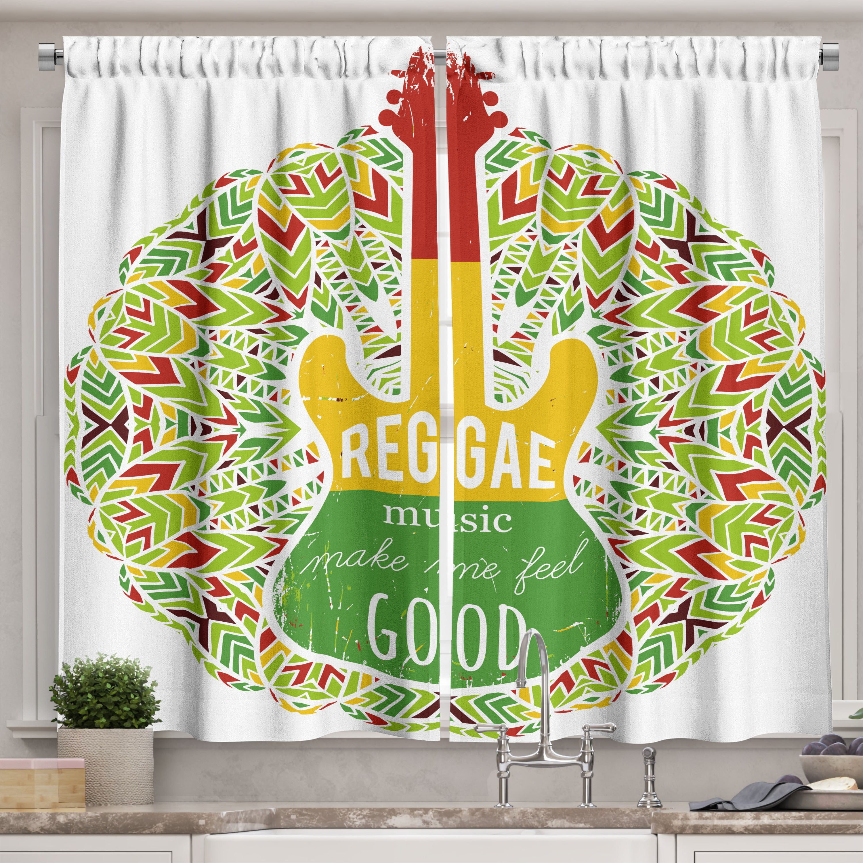 Ambesonne Rasta Kitchen Curtains, Reggae Music Guitar, 55"x45", Green ...