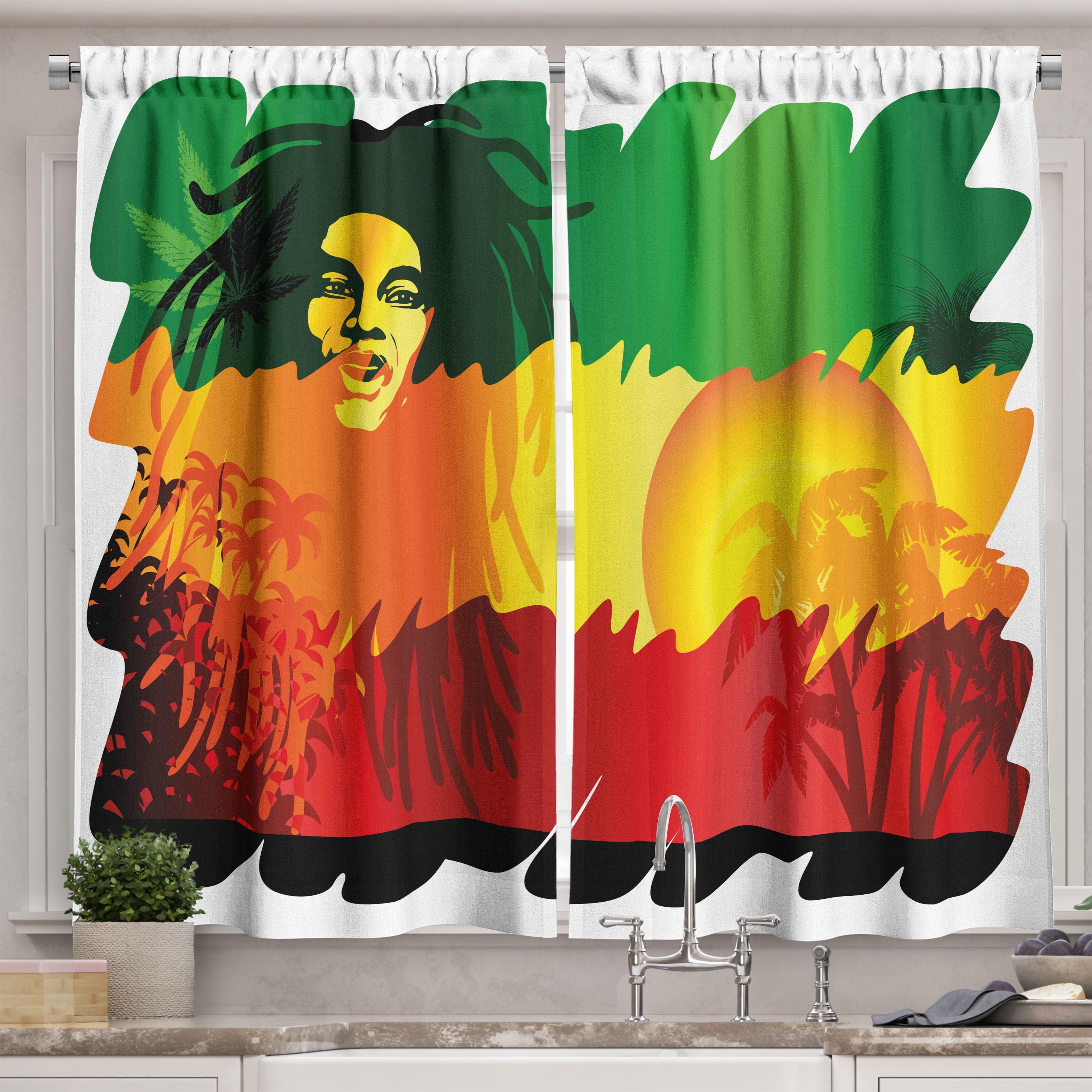 Ambesonne Rasta Kitchen Curtains, Reggae Music Singer, 55"x39", Orange ...