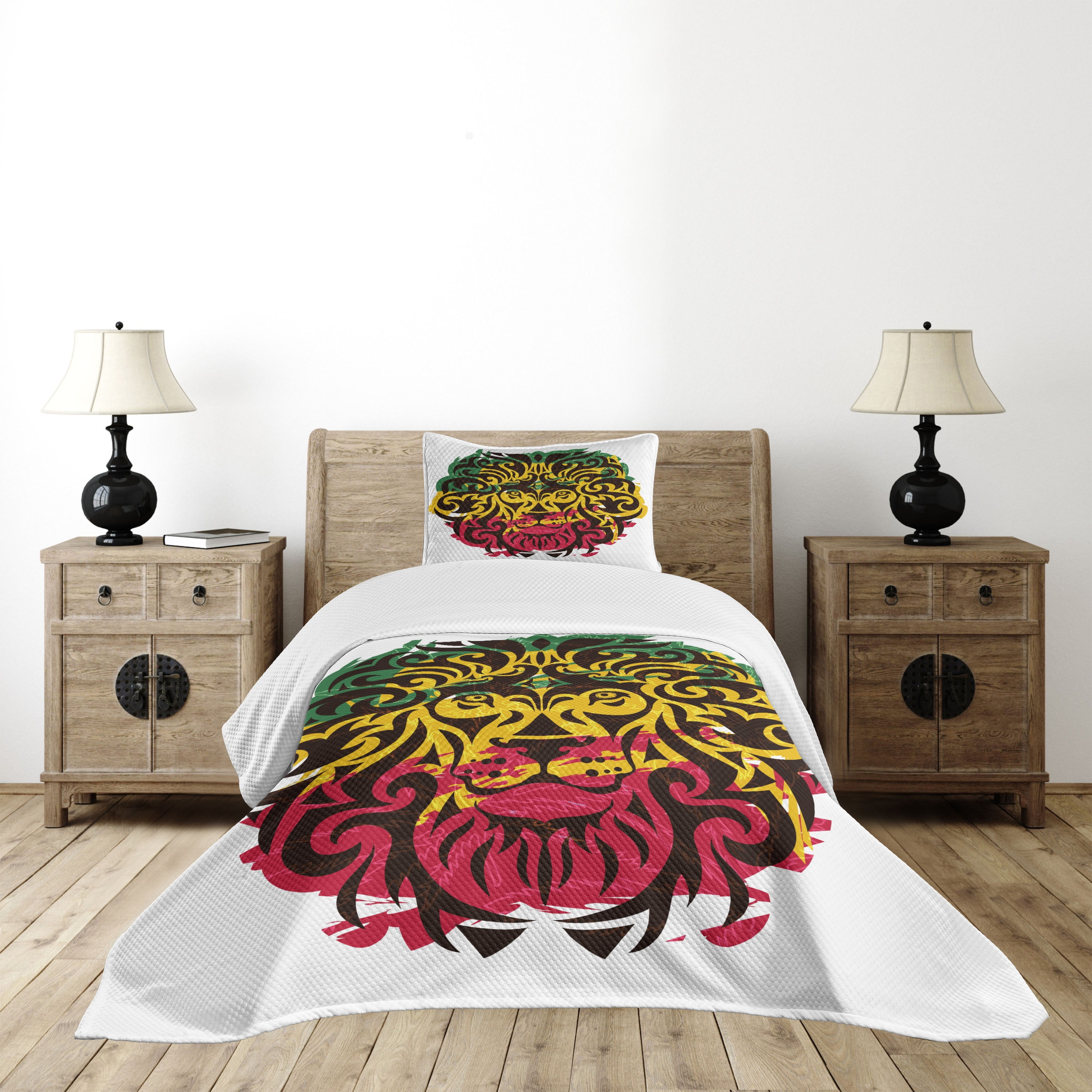 Ambesonne Rasta Quilted Bedspread Set 2 Pcs, Ethiopian Wild Lion Head ...