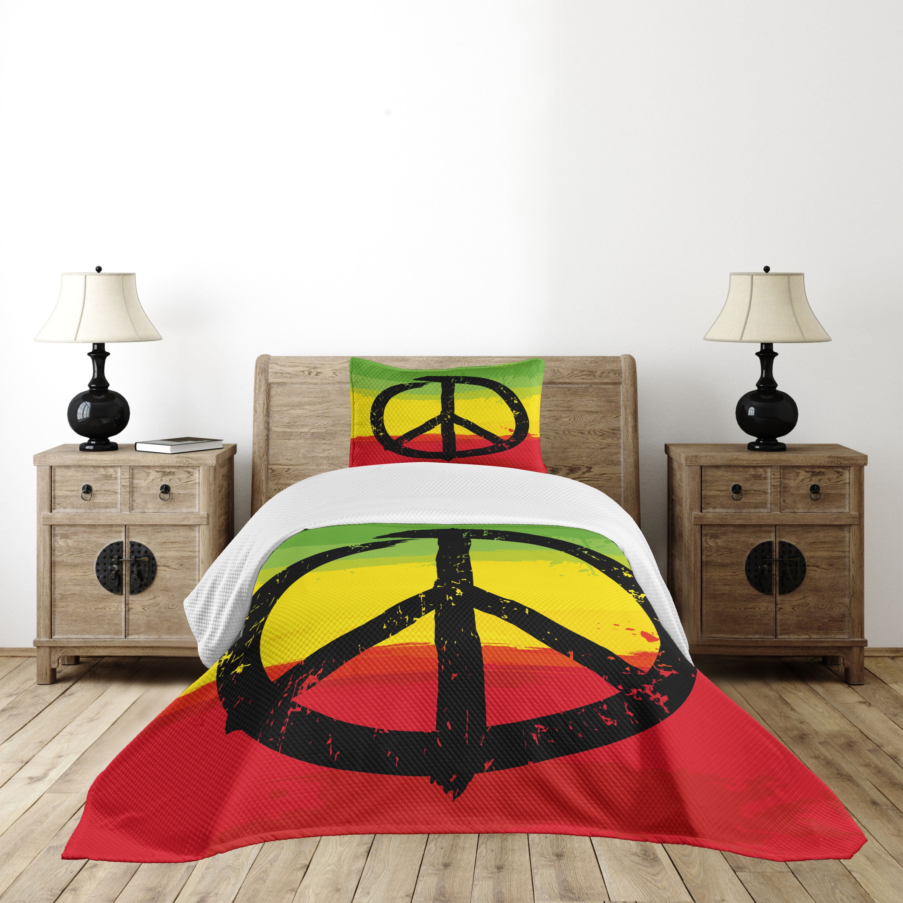 Ambesonne Rasta Quilted Bedspread Set 2 Pcs, Grunge Hippie Peace Sign ...