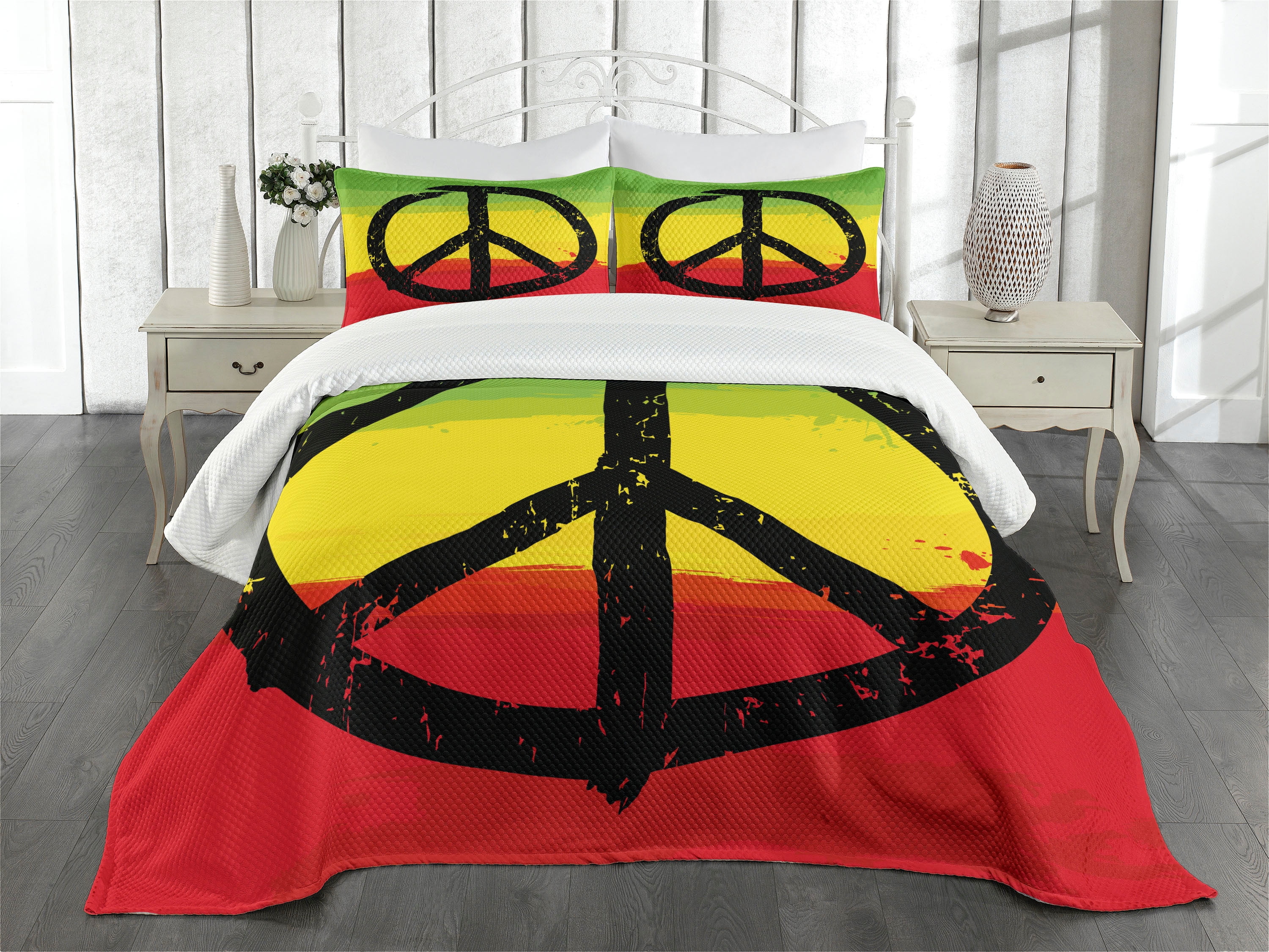 Ambesonne Rasta Quilted Bedspread Set 3 Pcs, Grunge Hippie Peace Sign ...
