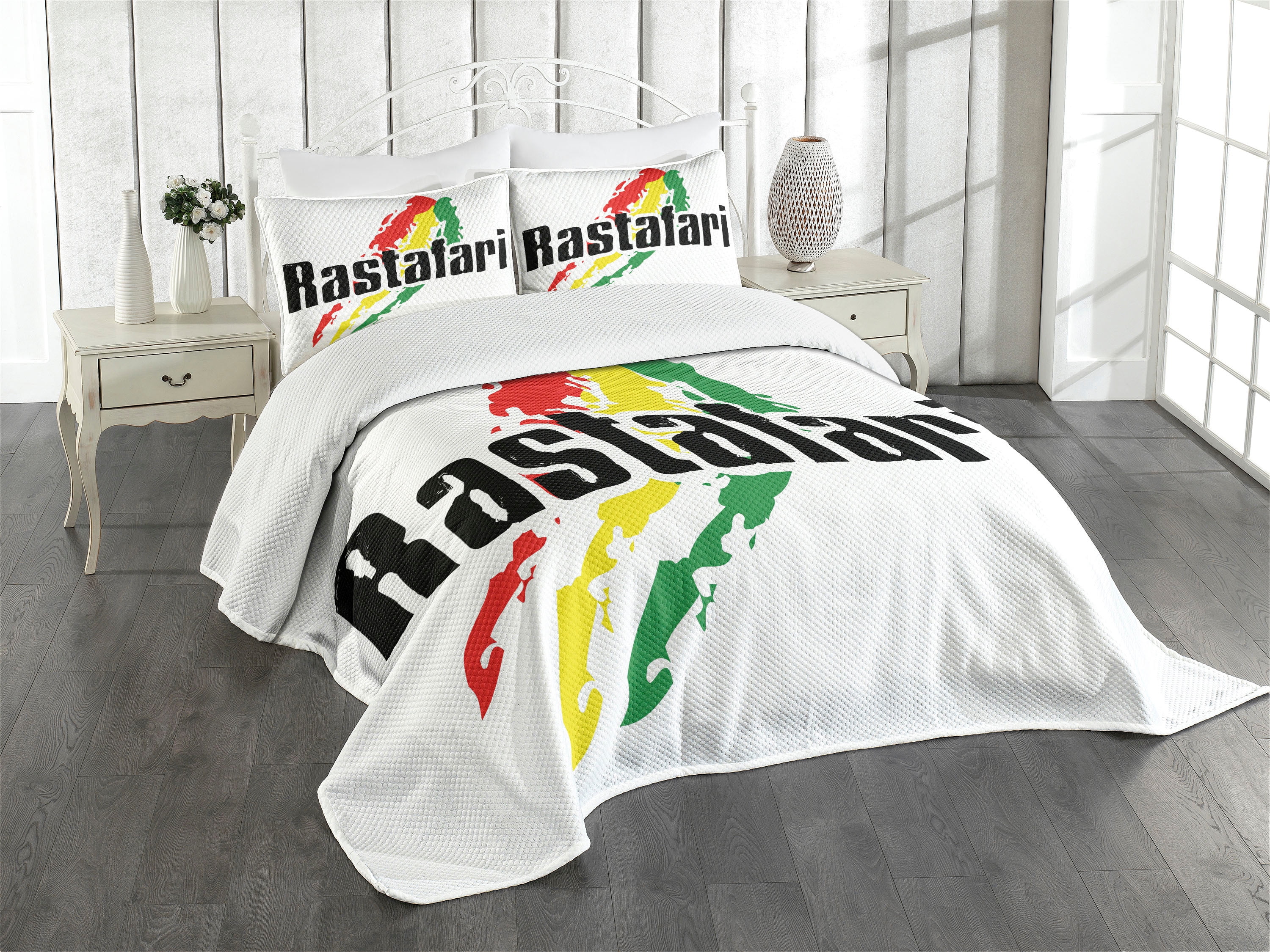 Ambesonne Rasta Quilted Bedspread Set 3 Pcs, Grunge Rastafari Words ...