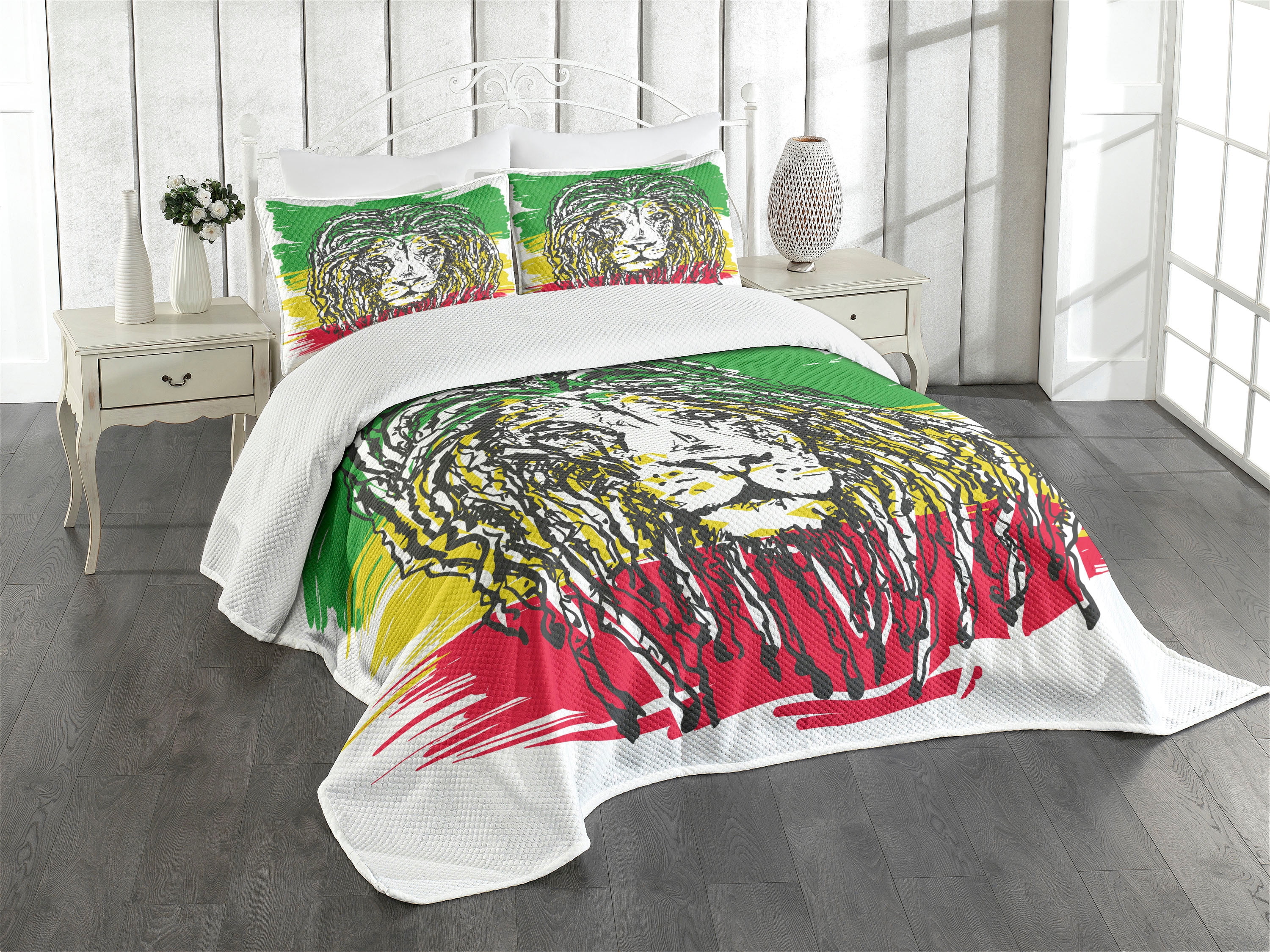 Ambesonne Rasta Quilted Bedspread Set 3 Pcs, Hair Style Lion Portrait ...