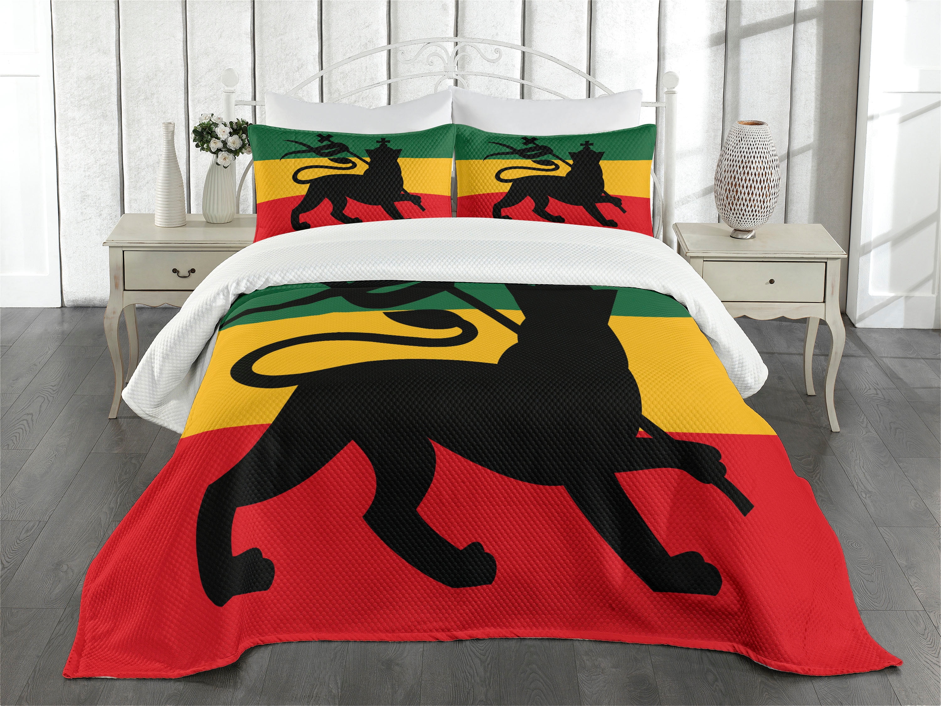 Ambesonne Rasta Quilted Bedspread Set 3 Pcs, Lion Reggae Striped Flag ...