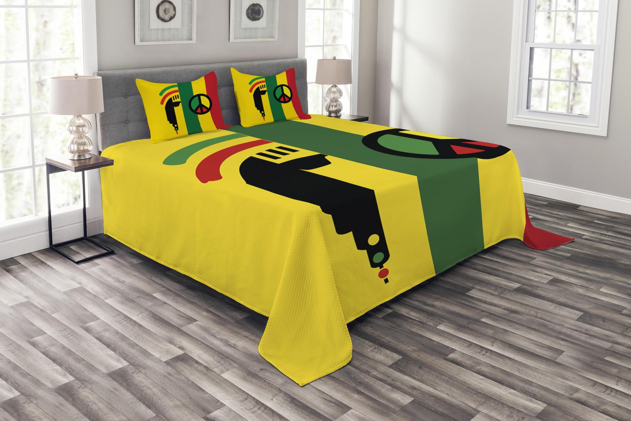 Ambesonne Rasta Quilted Bedspread Set 3 Pcs, Reggae Music Peace, King ...
