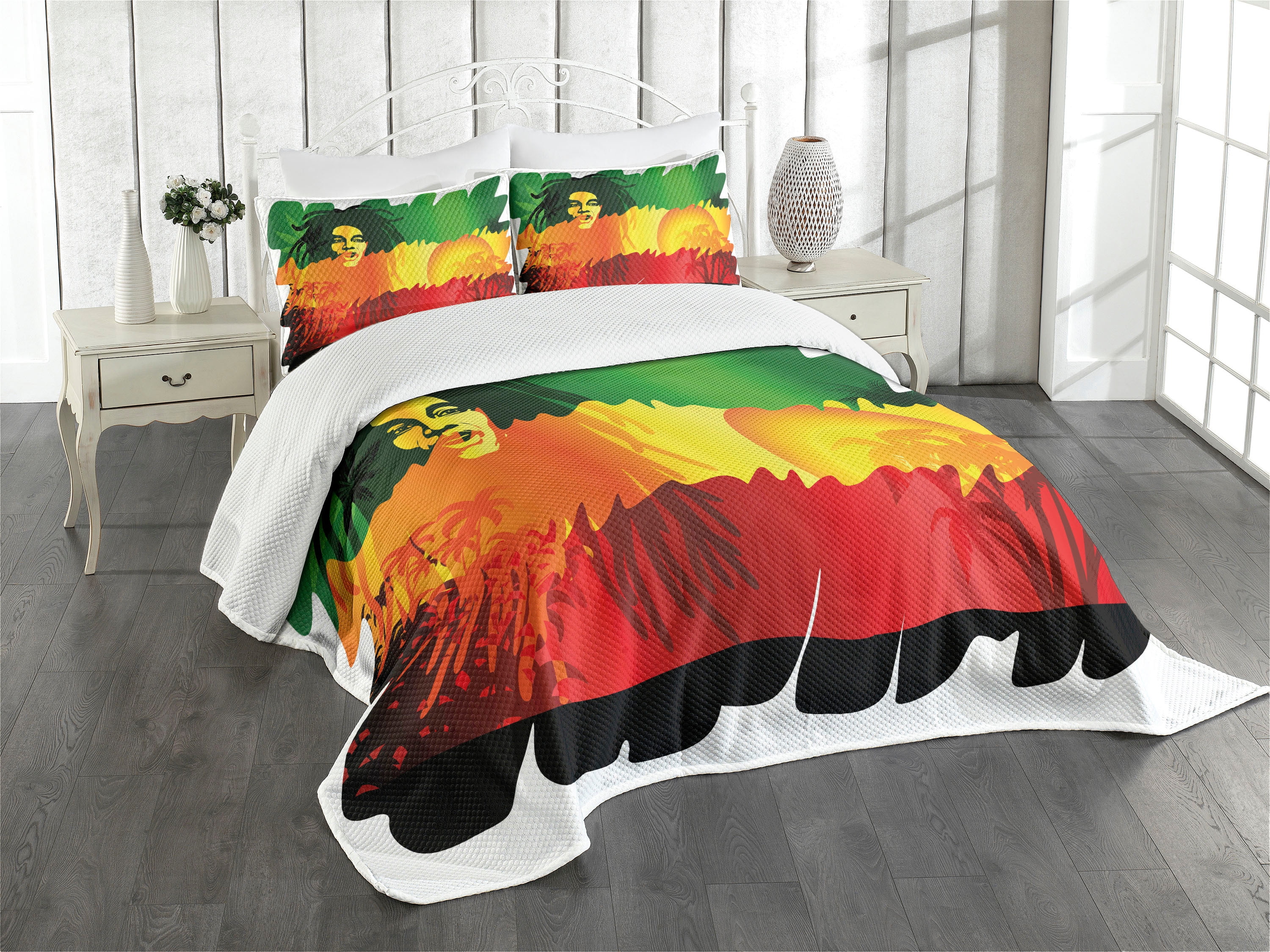Ambesonne Rasta Quilted Bedspread Set 3 Pcs, Reggae Music Singer, King ...