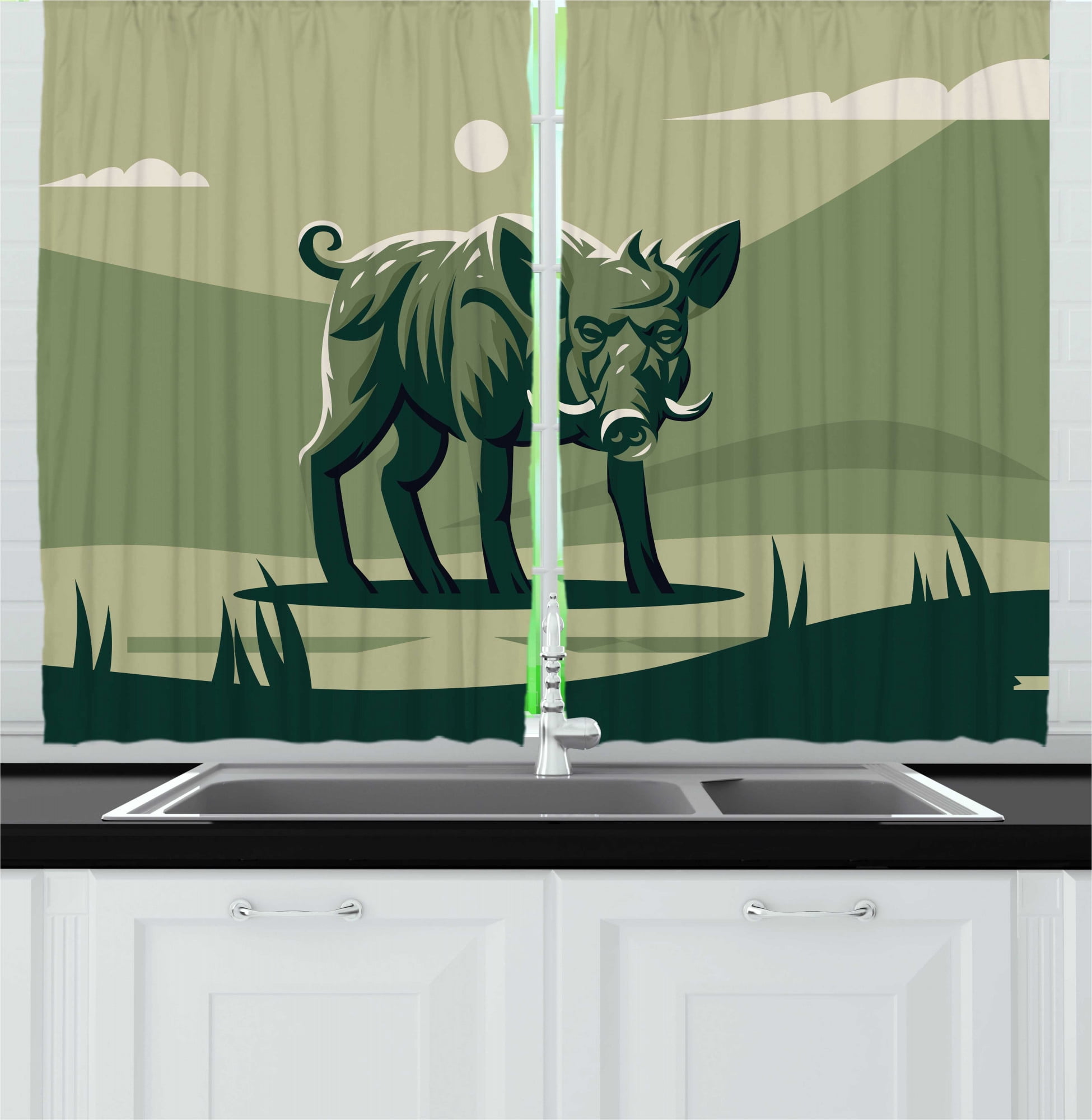 Ambesonne Razorback Kitchen Curtains, Abstract Wild Boar Pig, 55"x45 ...
