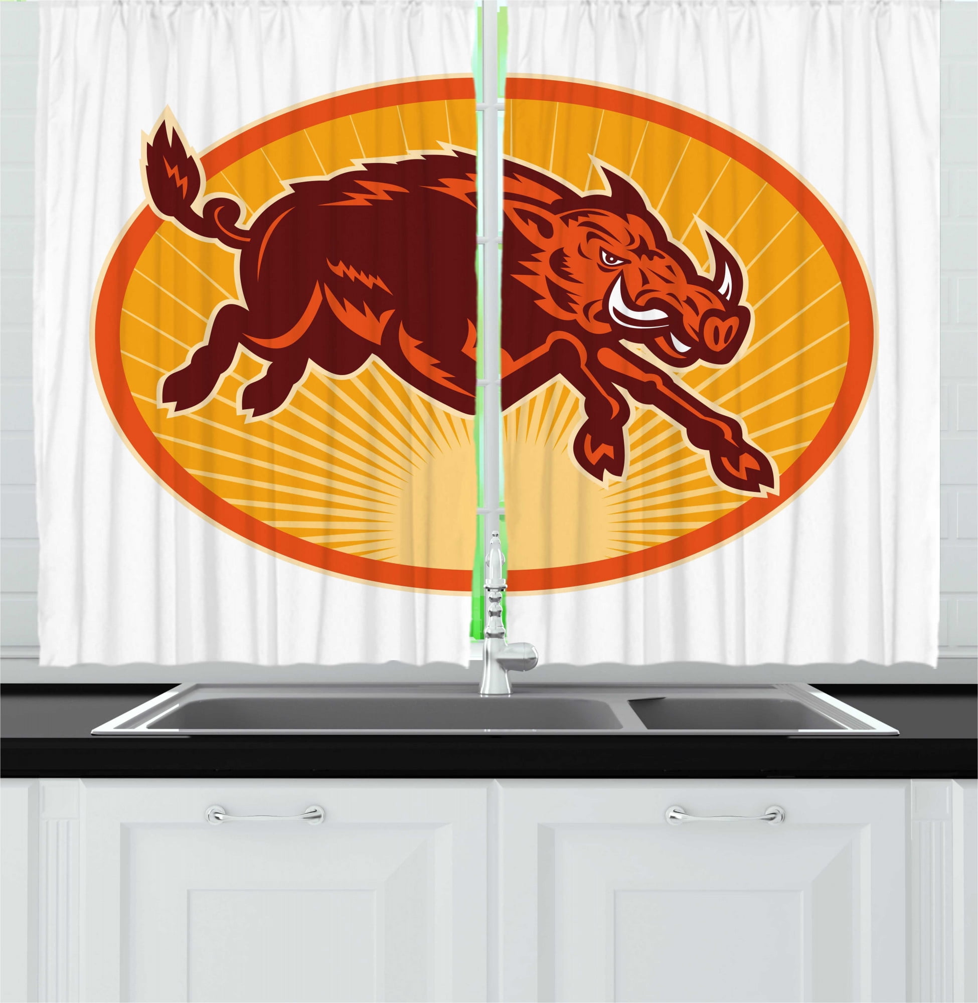 Ambesonne Razorback Kitchen Curtains, Retro Attacking Wild Boar, 55"x45 ...