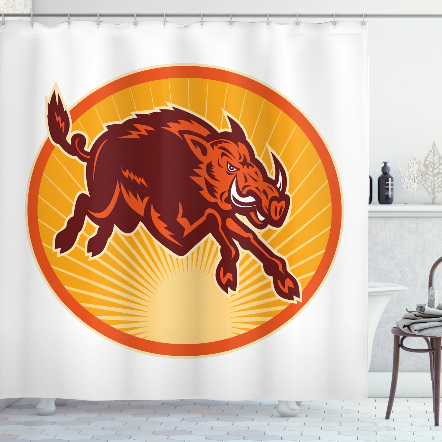 Ambesonne Razorback Shower Curtain, Retro Attacking Wild Boar, 69"Wx70 ...