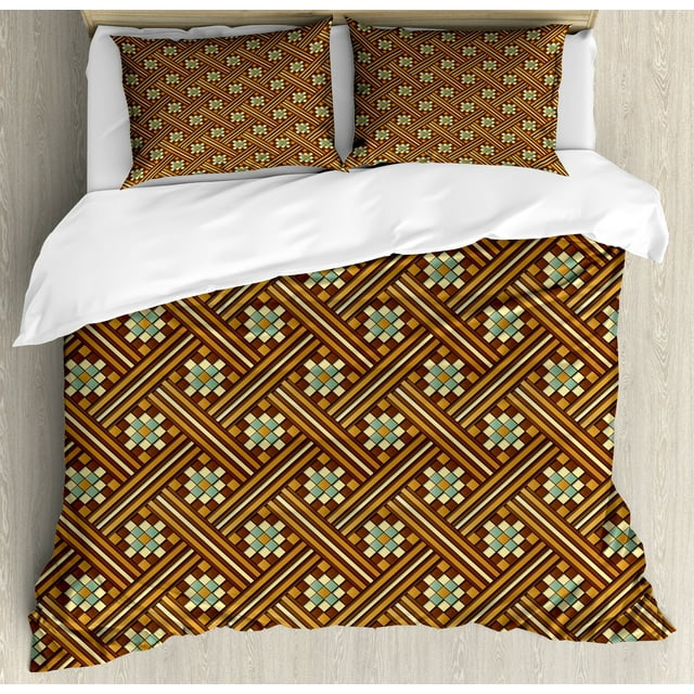 Ambesonne Retro Duvet Cover Sets, Earth Tones Bars and Squares, 2-Queen ...