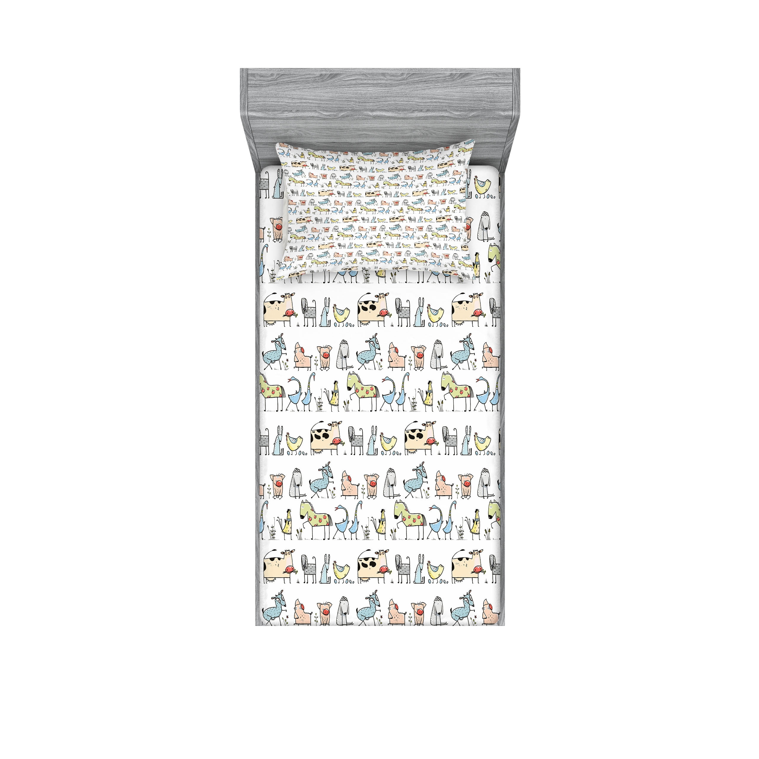 Ambesonne Retro Fitted Sheet & Pillow Sham Set, Cartoon Village Animals ...
