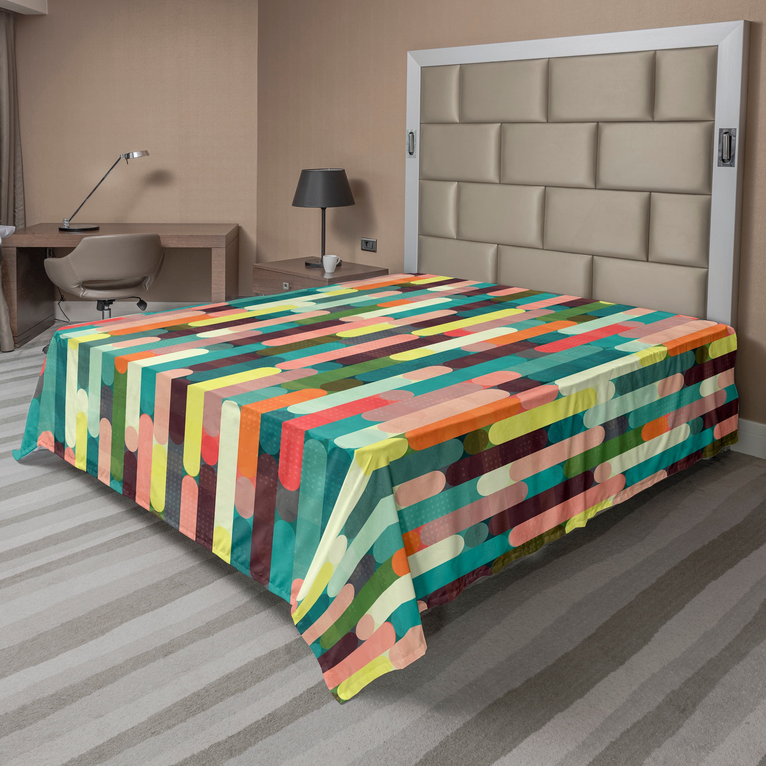 Ambesonne Retro Flat Sheet, Colorful Grunge Stripes, California King ...
