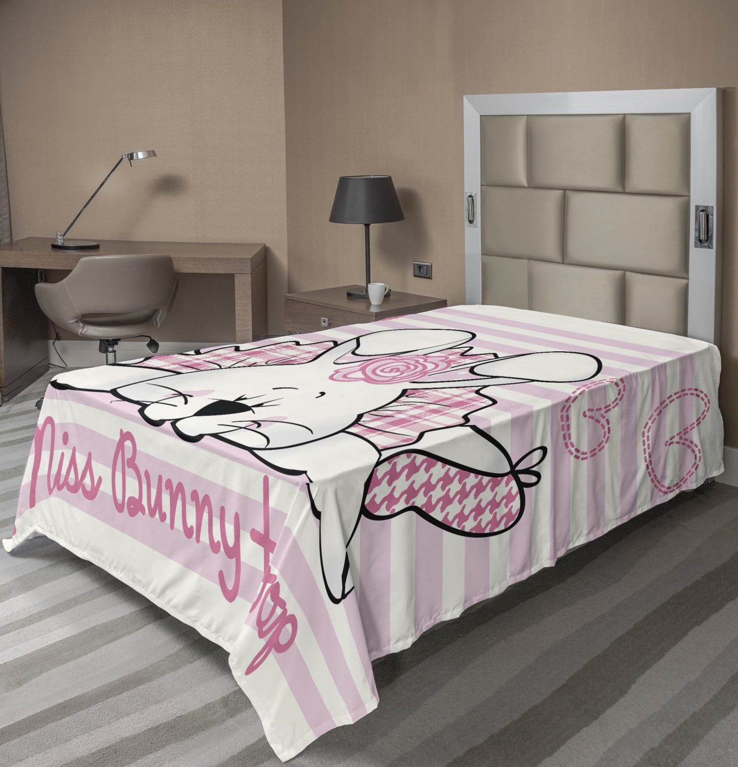 Ambesonne Retro Flat Sheet, Miss Bunny Hoop Love, Twin Size, Pale Pink ...