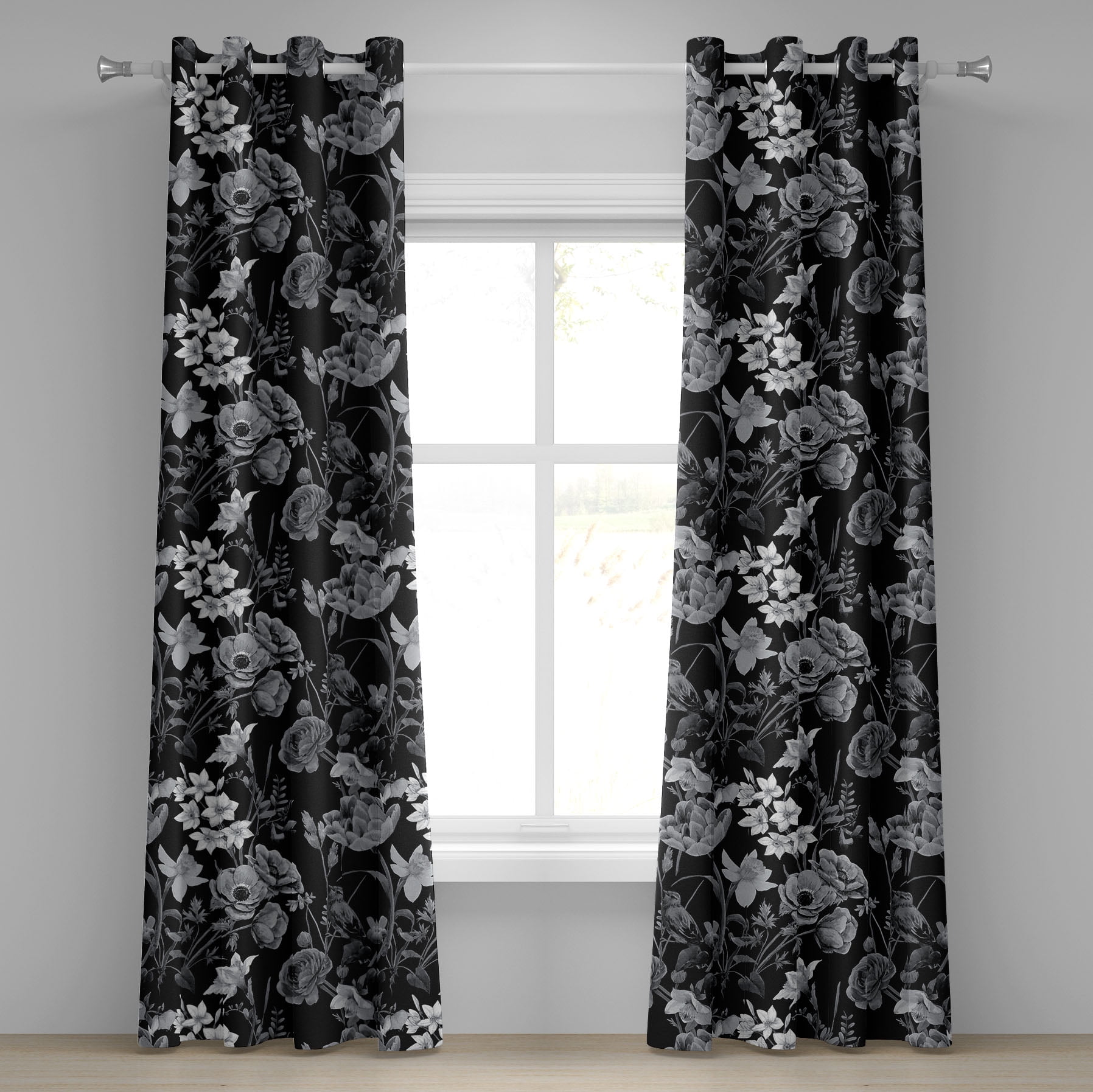 Ambesonne Retro Grommet Curtain Dark Theme Flowers Pattern 50x108
