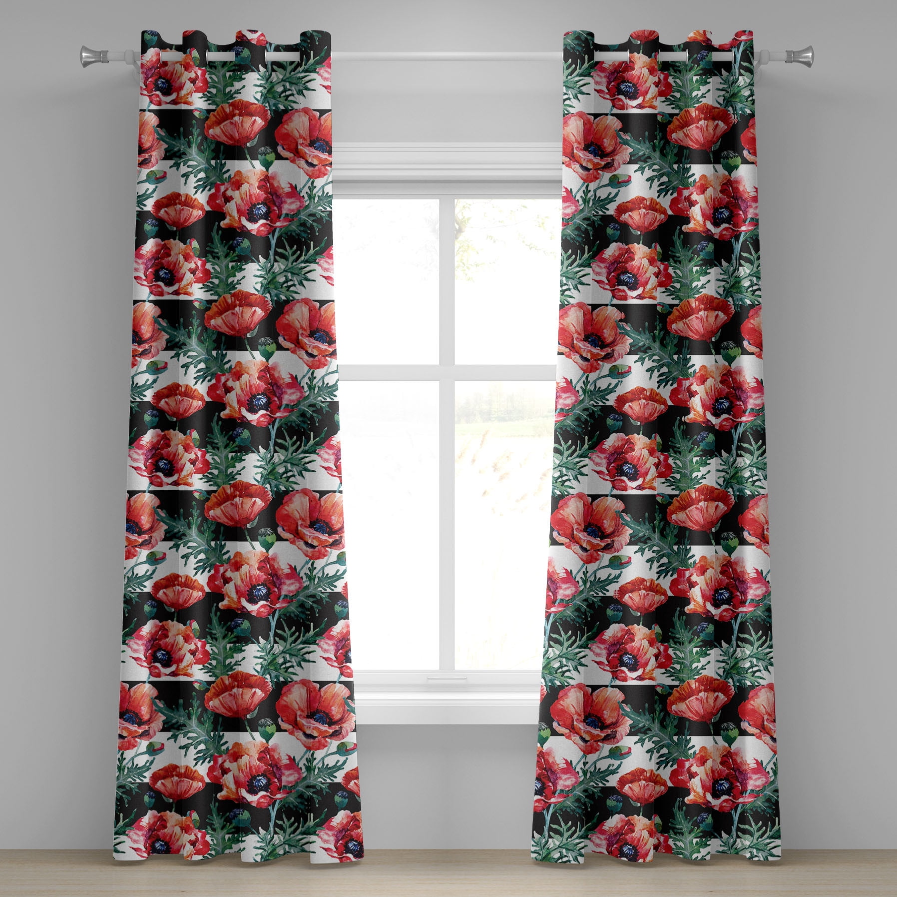 Ambesonne Retro Grommet Curtain, Horizontal Lines Poppies Art, 50"x120 ...