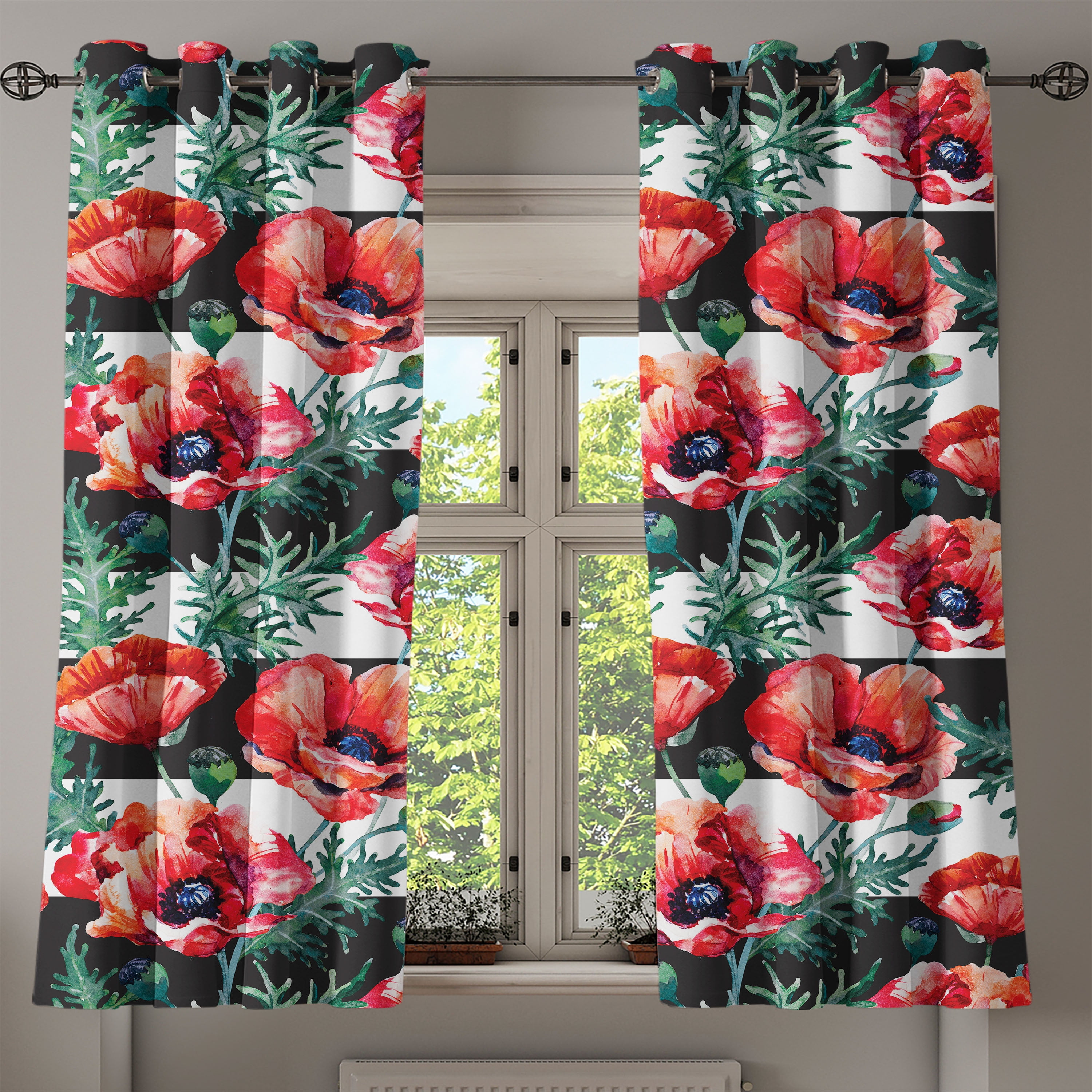 Ambesonne Retro Grommet Curtain, Horizontal Lines Poppies Art, 50"x60 ...