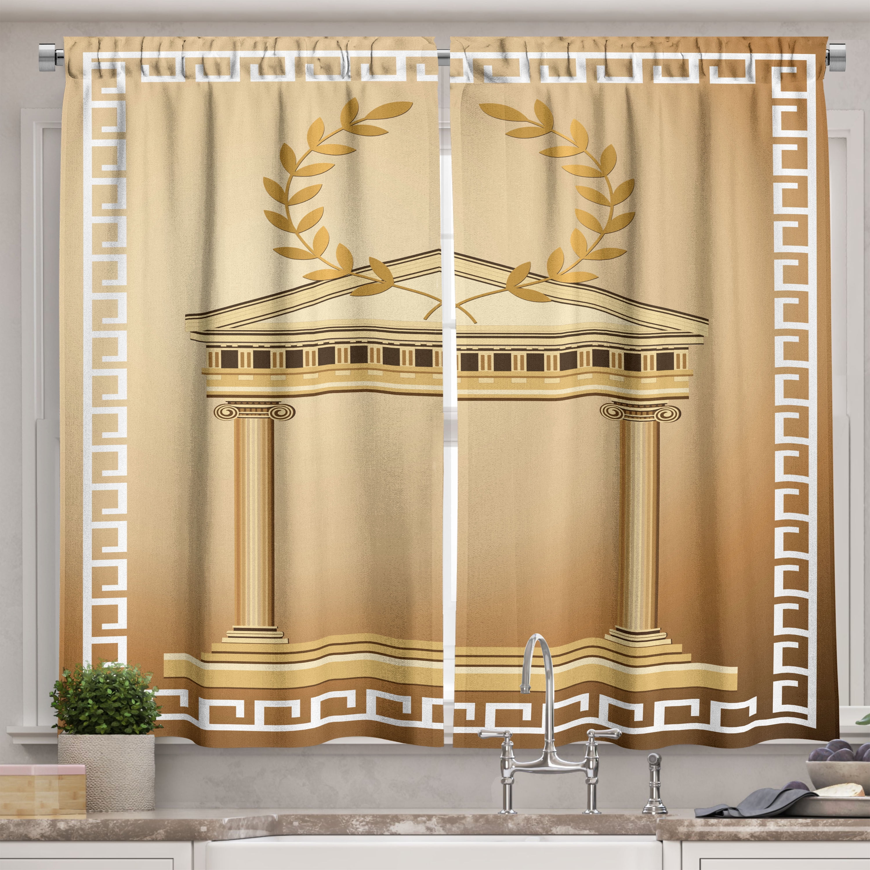 Ambesonne Retro Kitchen Curtains, Building Olive Branch, 55"x45", Pale ...