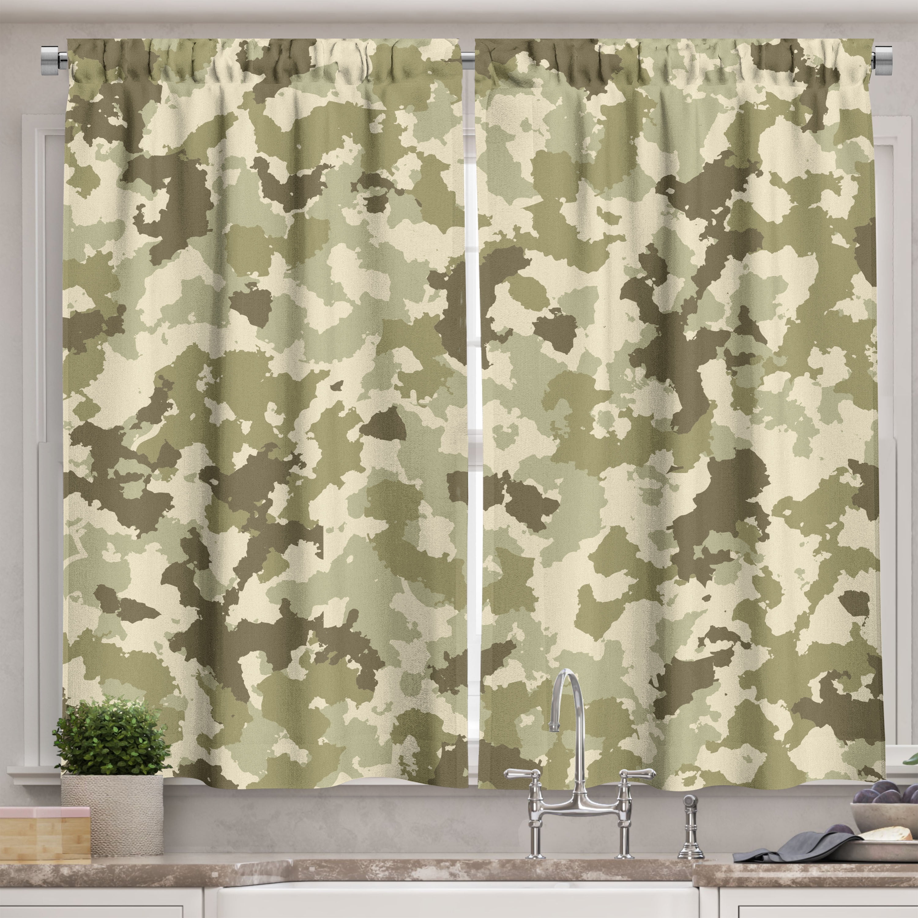 Ambesonne Retro Kitchen Curtains, Camouflage Survival Theme, 55"x45 ...