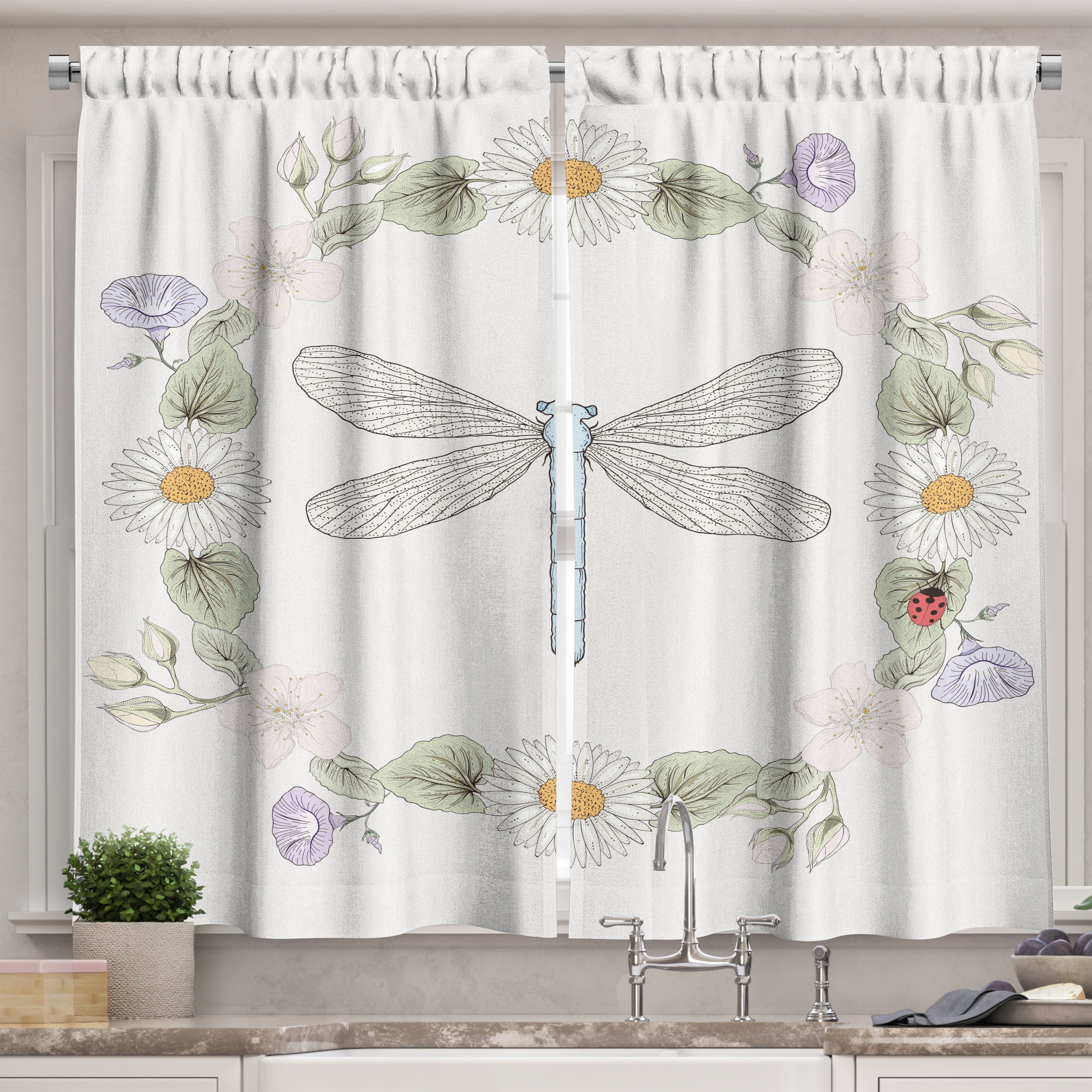 Ambesonne Retro Kitchen Curtains, Farm Life Theme Dragonfly, 55"x39 ...