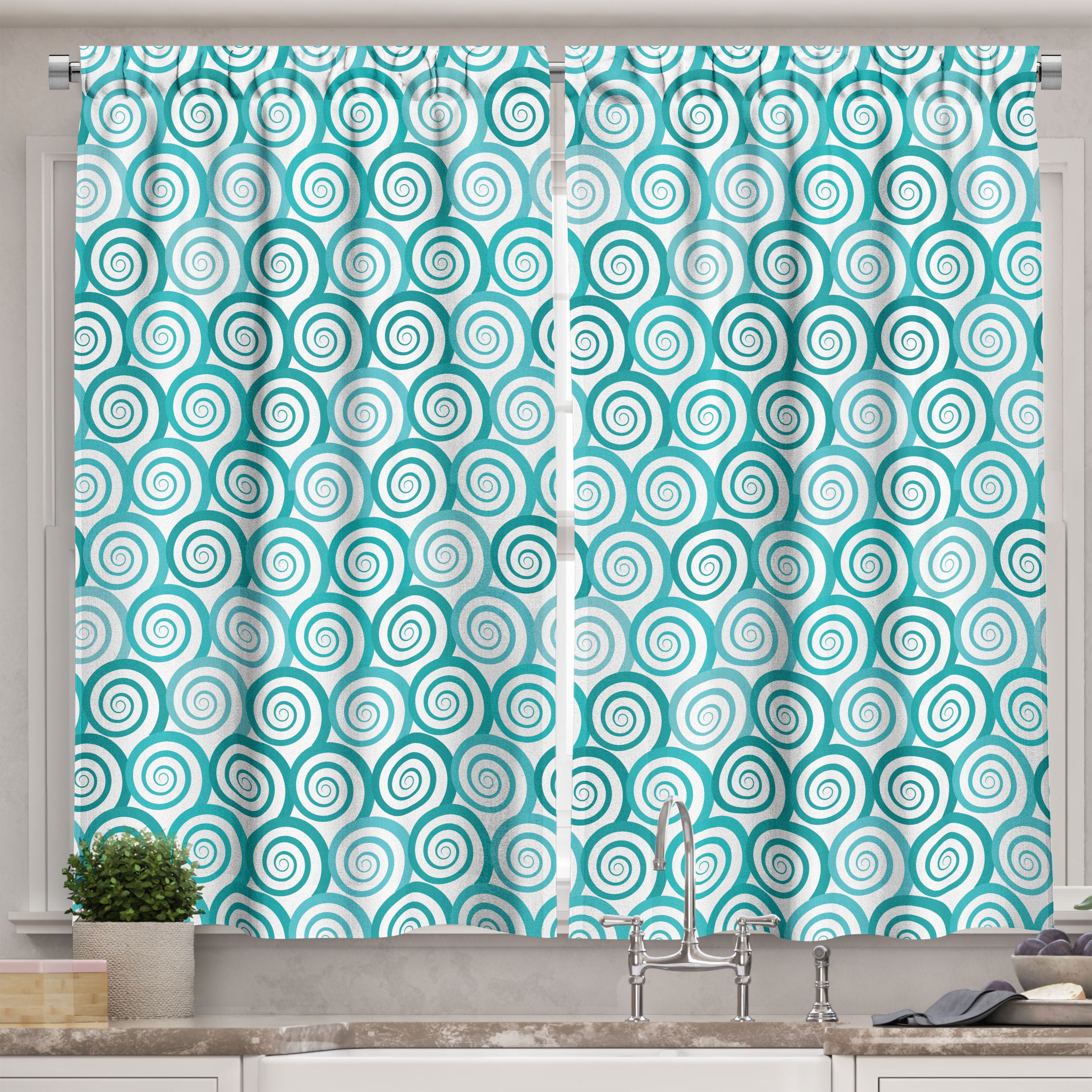 Ambesonne Retro Kitchen Curtains, Flat Design Sea Waves, 55"x39", Teal ...