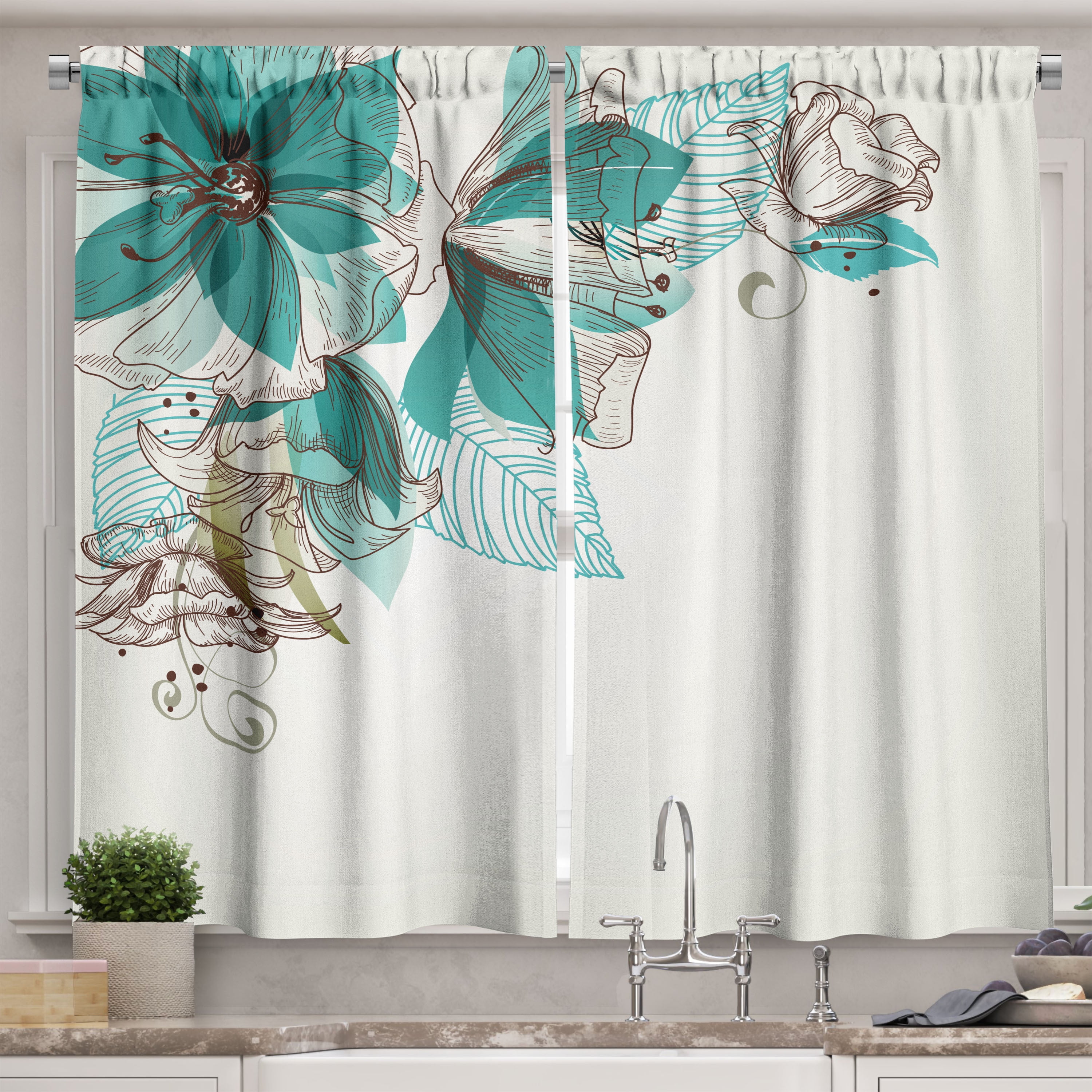 Ambesonne Retro Kitchen Curtains, Flowers Buds Leaf, 55"x45", Teal Pale ...