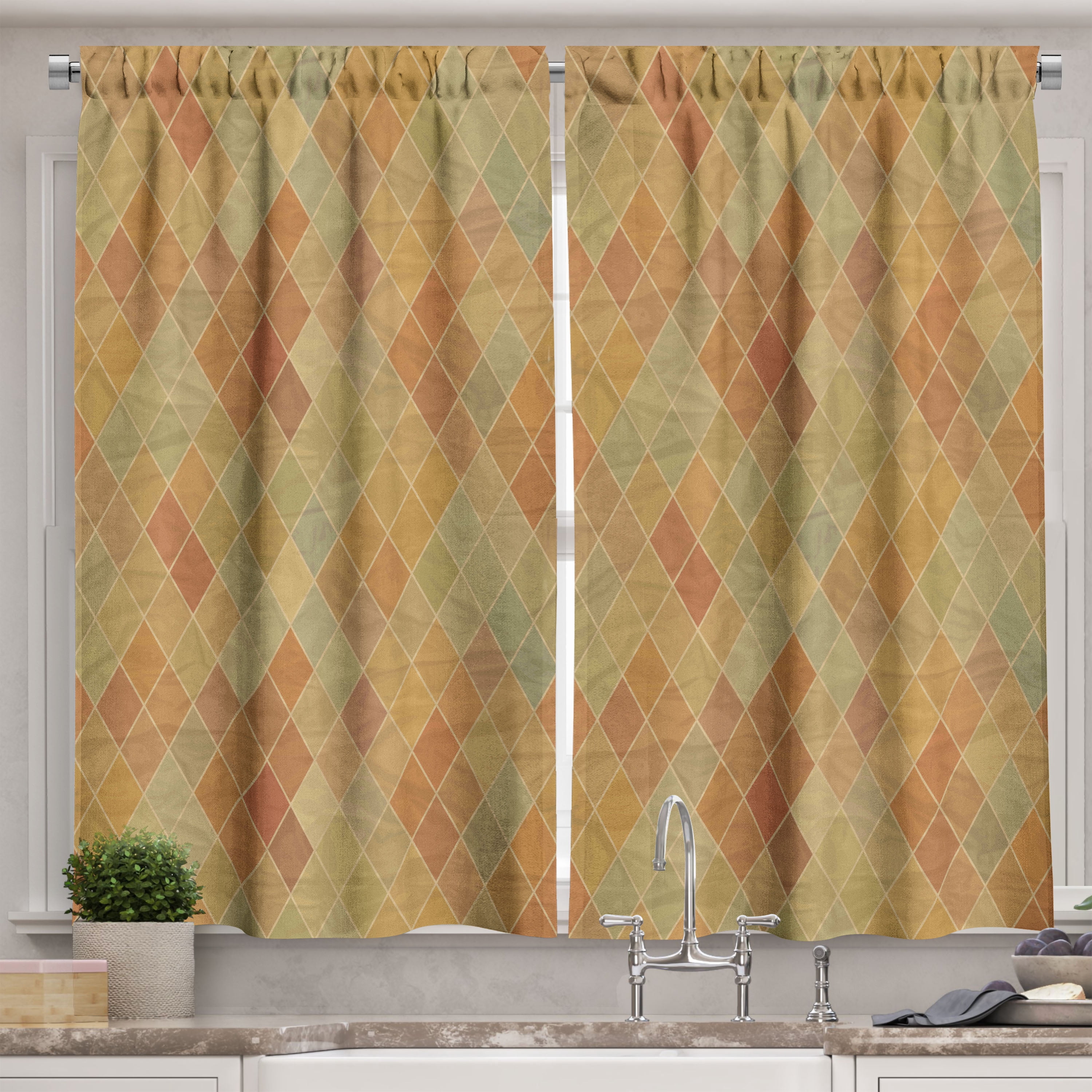 Ambesonne Retro Kitchen Curtains, Geometric Rhombus Tile, 55"x39 ...