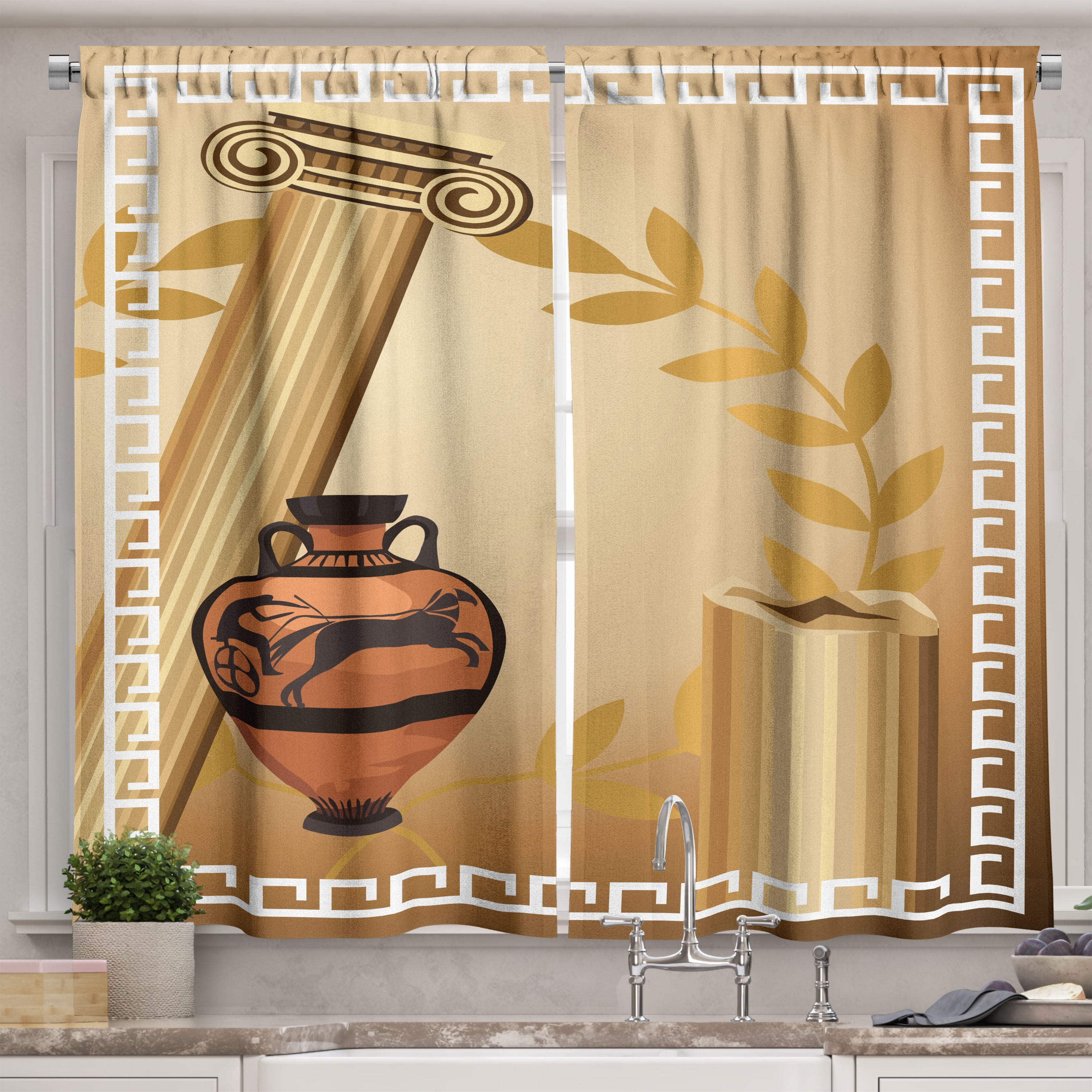 Ambesonne Retro Kitchen Curtains, Hellenic Heritage, 55"x39", Pale ...