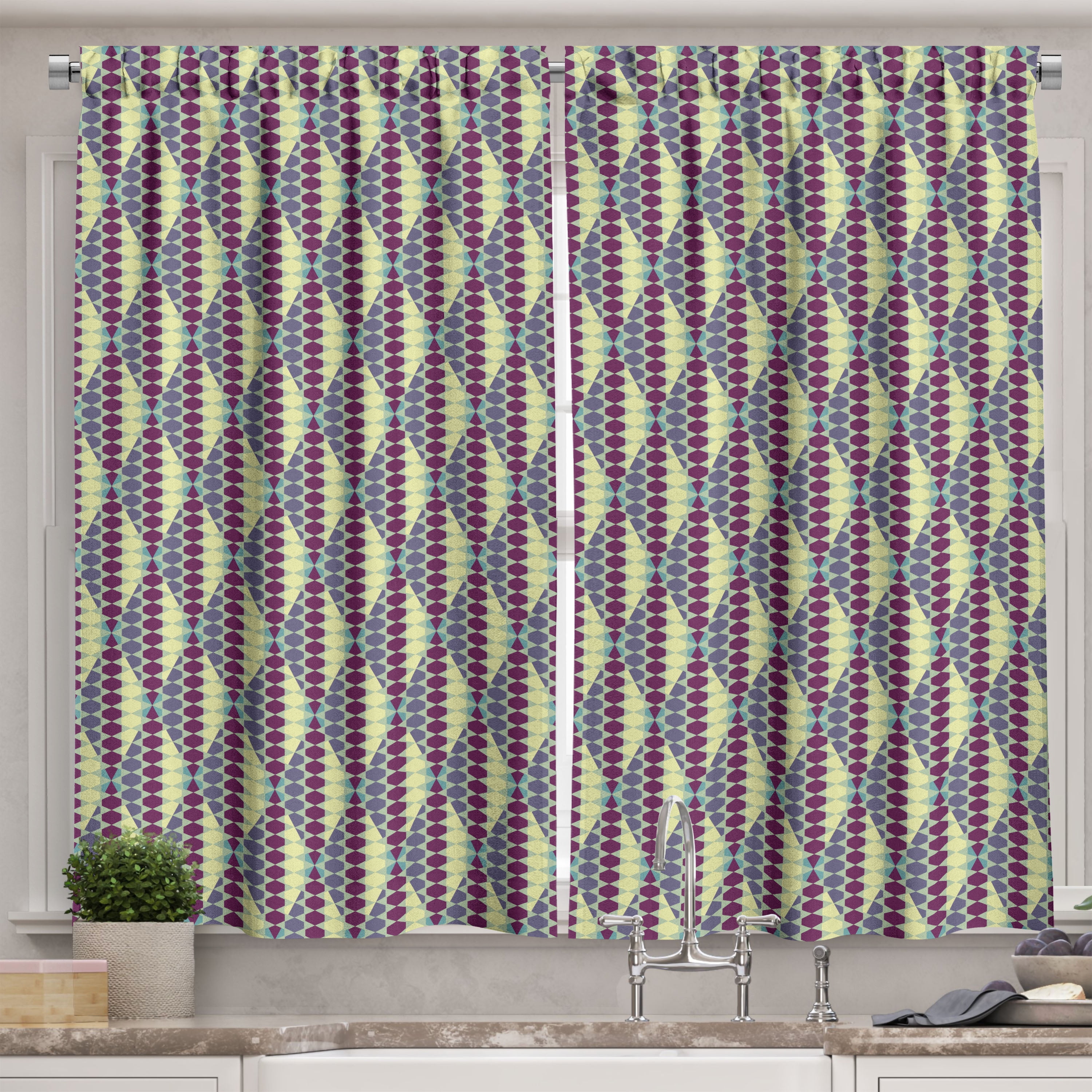 Ambesonne Retro Kitchen Curtains, Hexagon Rhombus Dots Forms, 55"x45 ...
