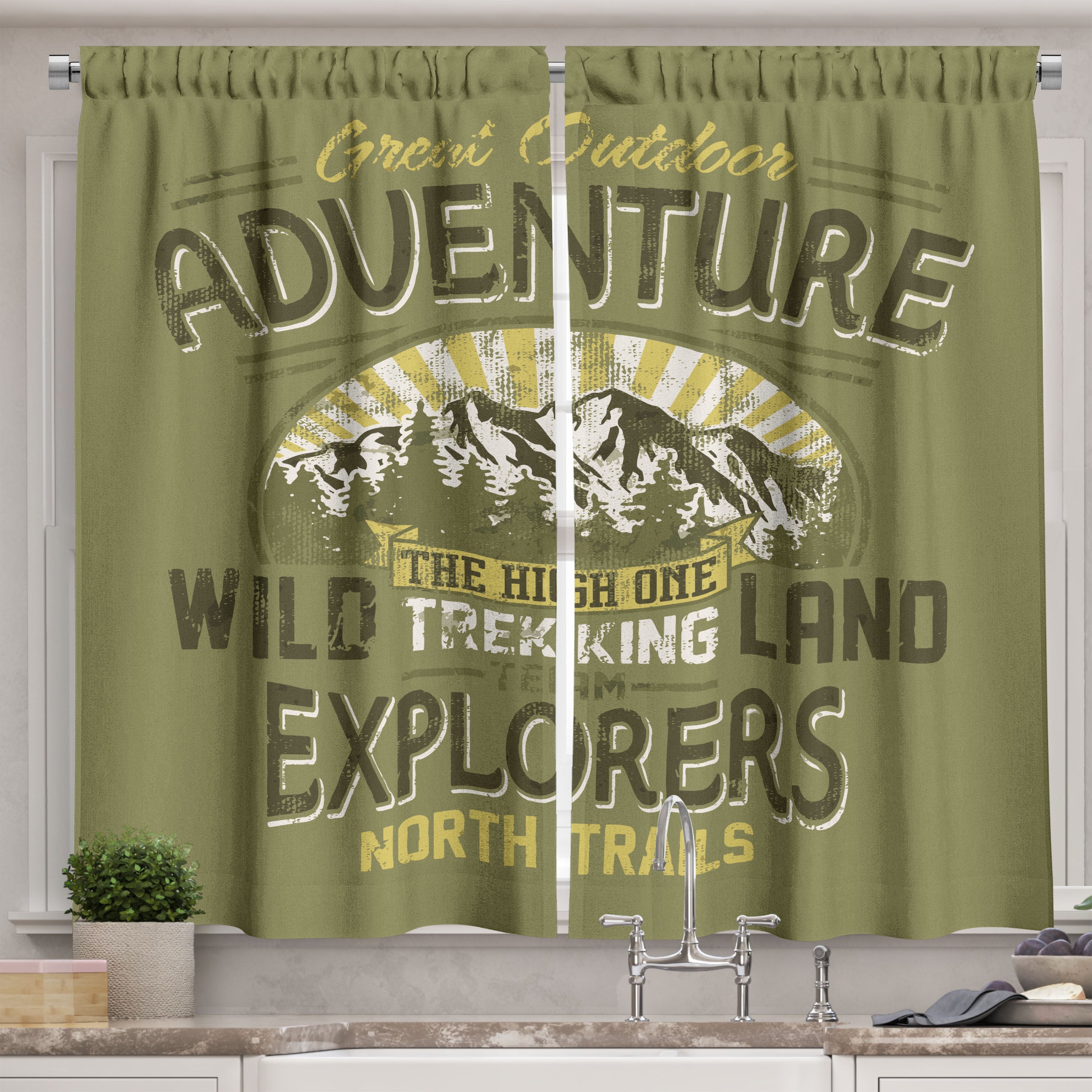 Ambesonne Retro Kitchen Curtains, Outdoor Adventure Poster, 55"x39 ...