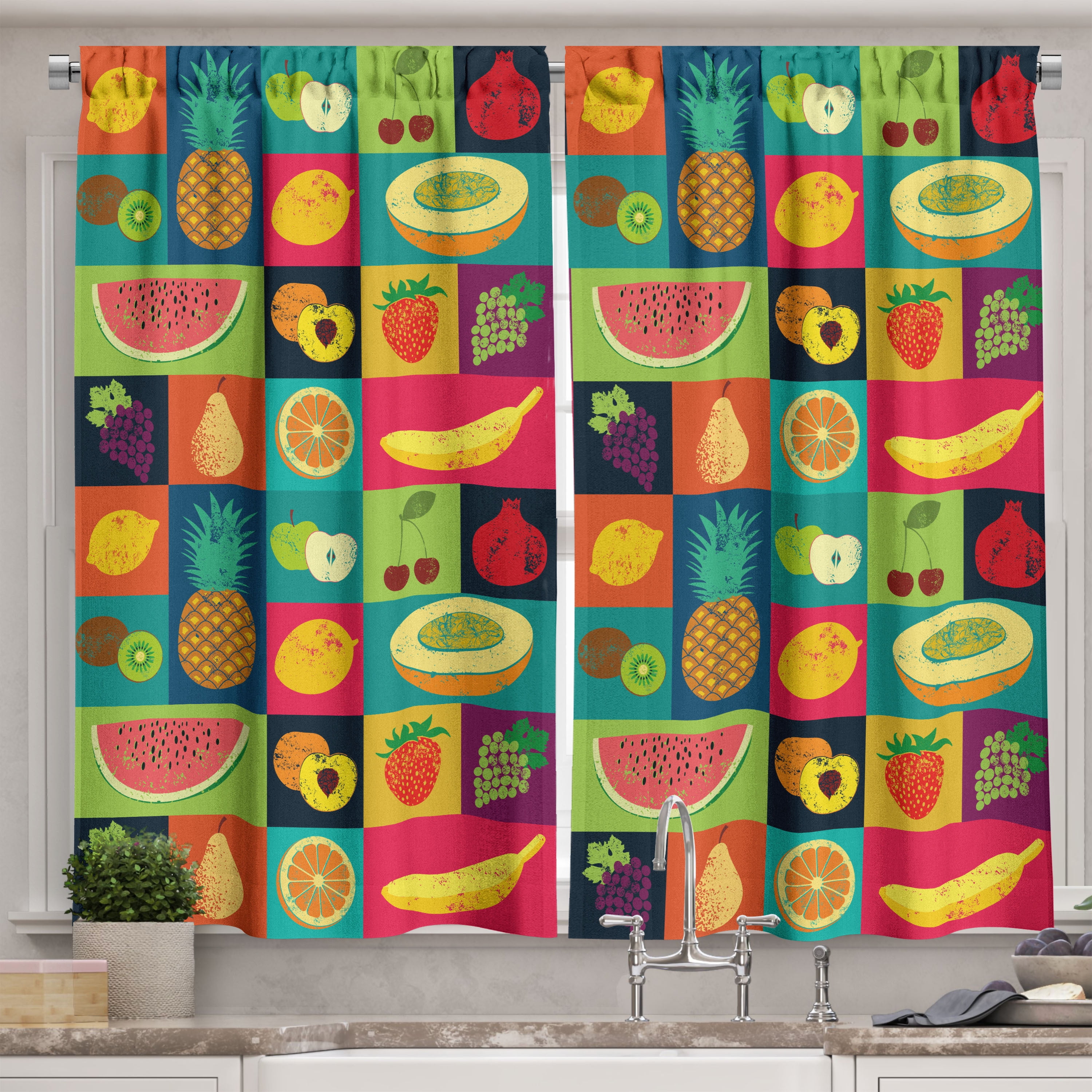 Ambesonne Retro Kitchen Curtains, Pop Art Grunge Fruits, 55"x39 ...